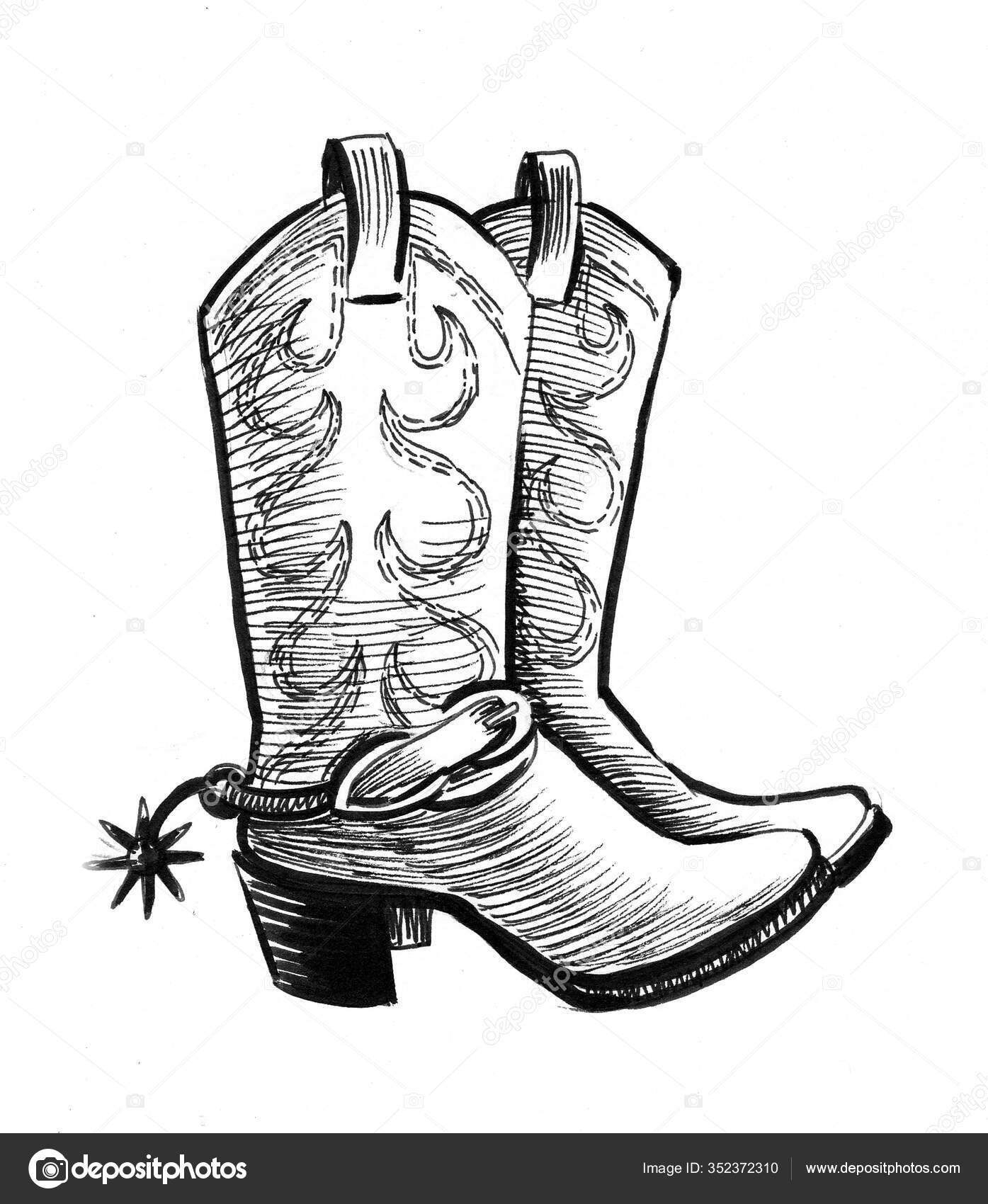Pair Cowboy Boots Ink Black White Drawing Stock Illustration by ...