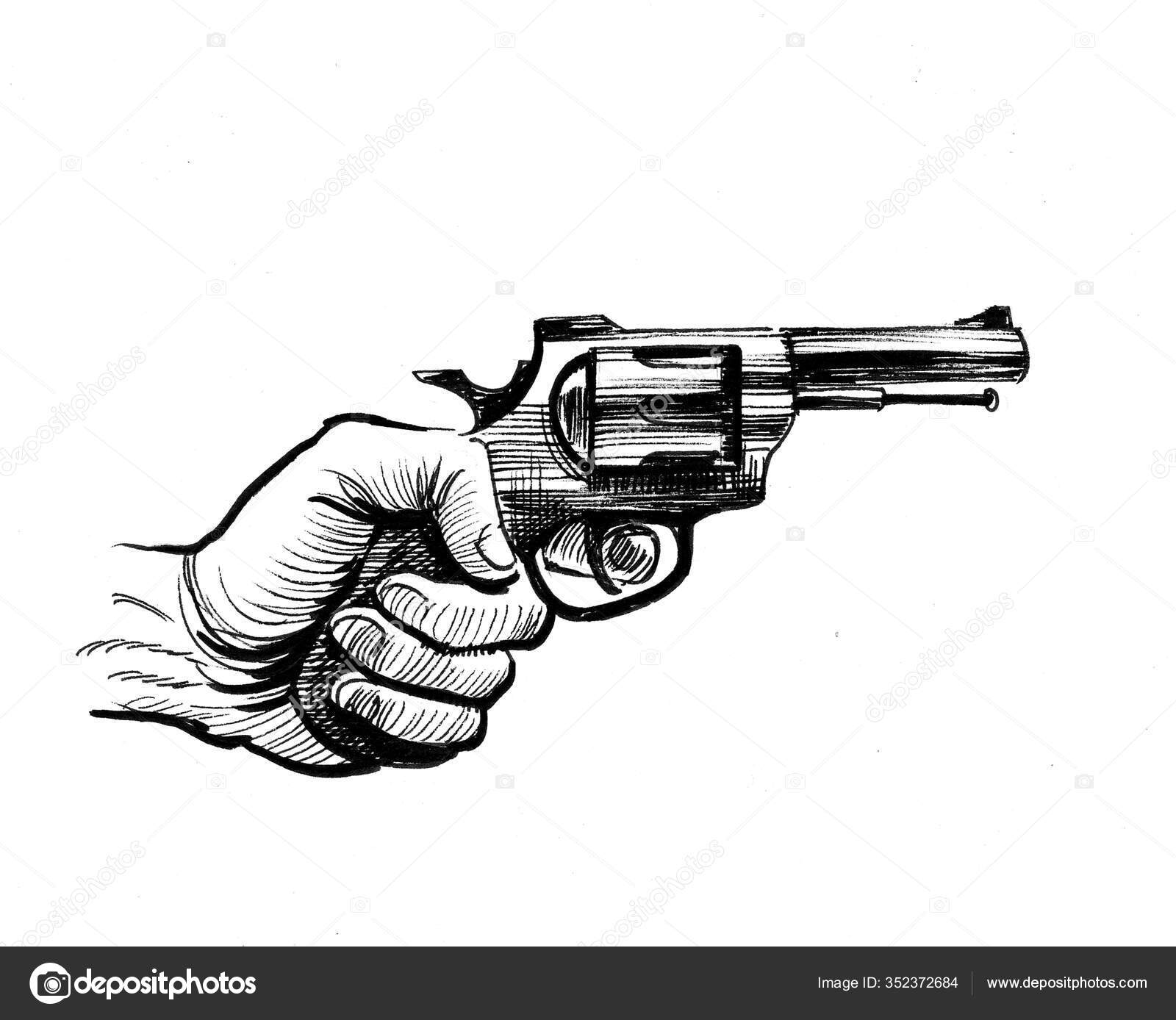 Hand Holding Revolver Gun Ink Black White Drawing Stock Illustration by ...