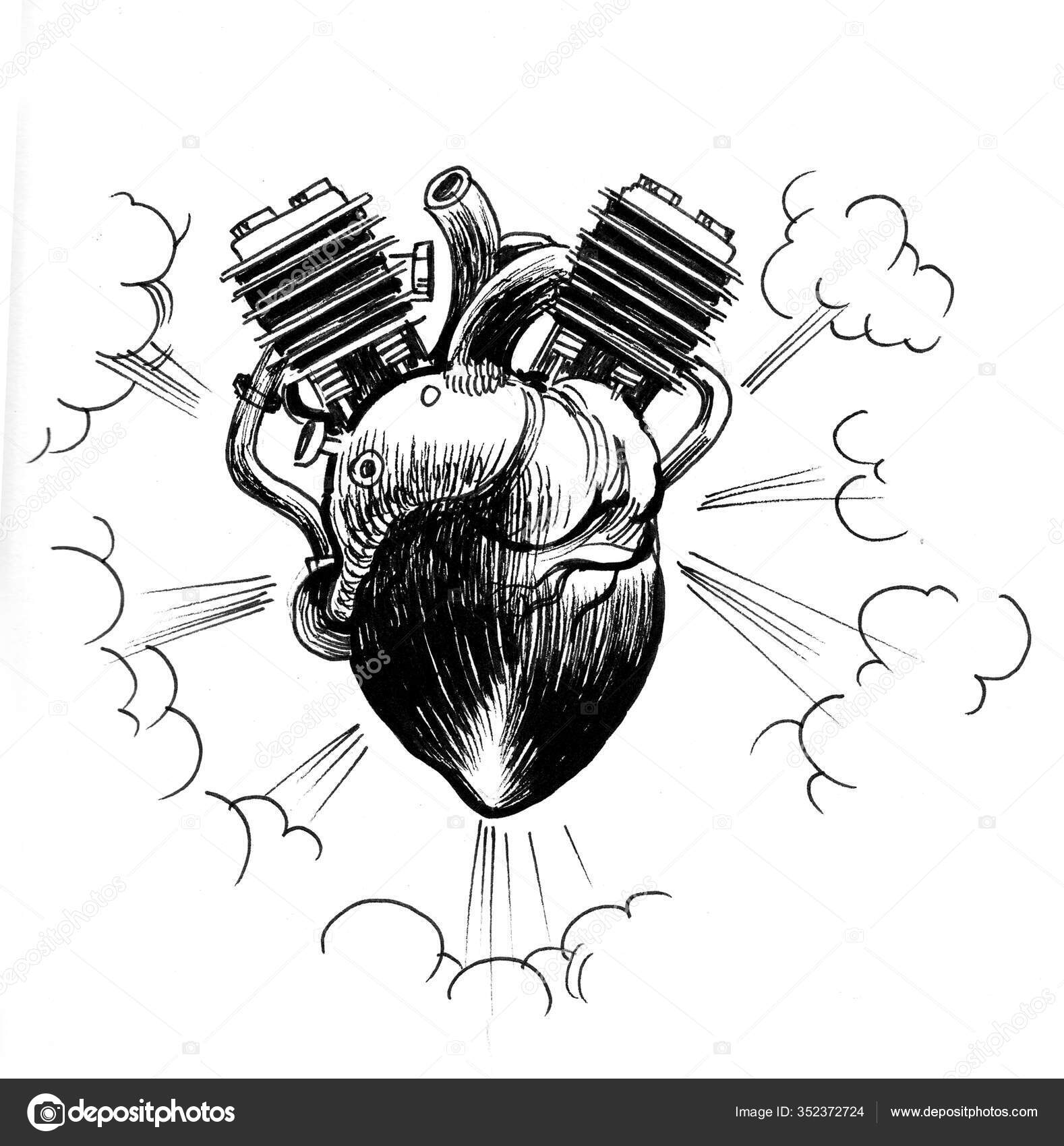 Heart Engine Ink Black White Drawing Stock Photo by ©alexblacksea 352372724