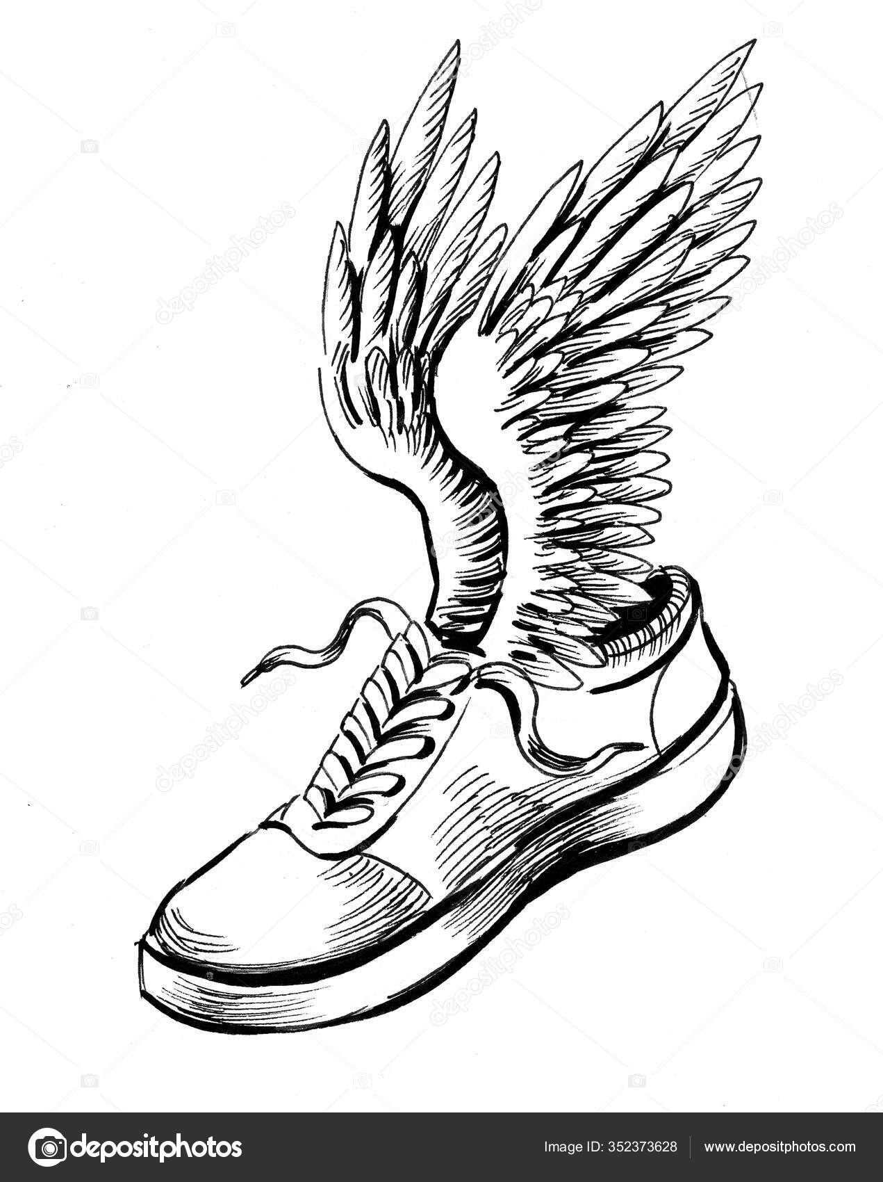 Winged Sport Shoe Ink Black White Drawing Stock Illustration by ...