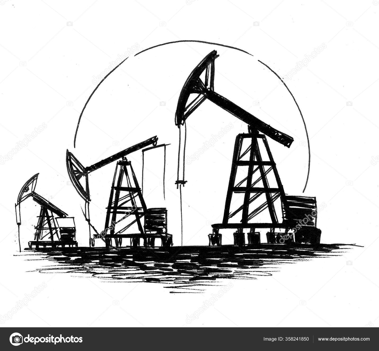 Oil Field Ink Black White Drawing Stock Illustration by ©alexblacksea ...