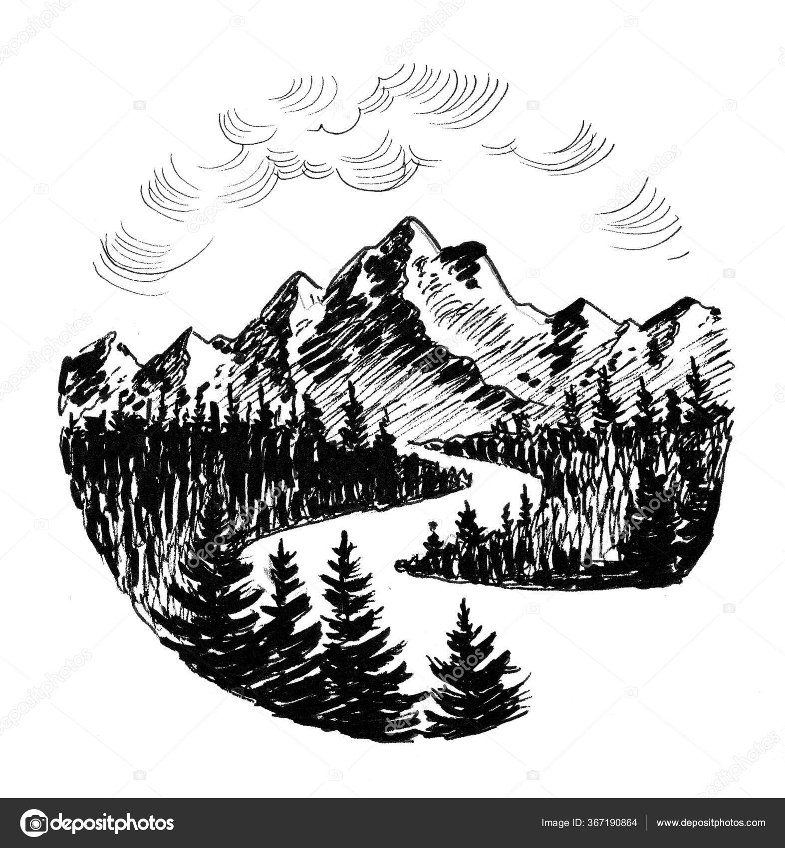 Mountain Peak River Flowing Woods Ink Black White Drawing Stock ...