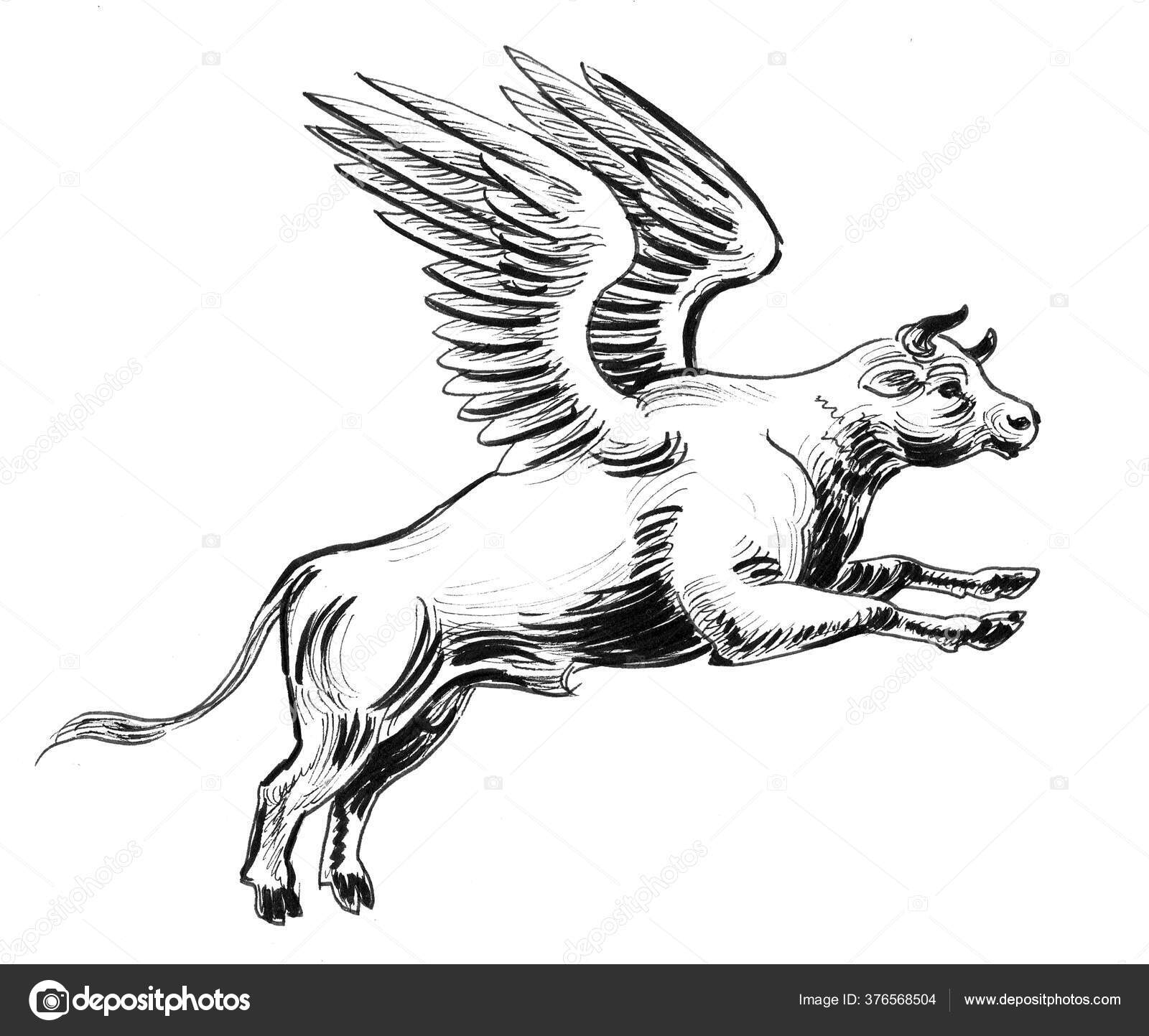 Flying Cow Ink Black White Drawing Stock Illustration by ©alexblacksea ...