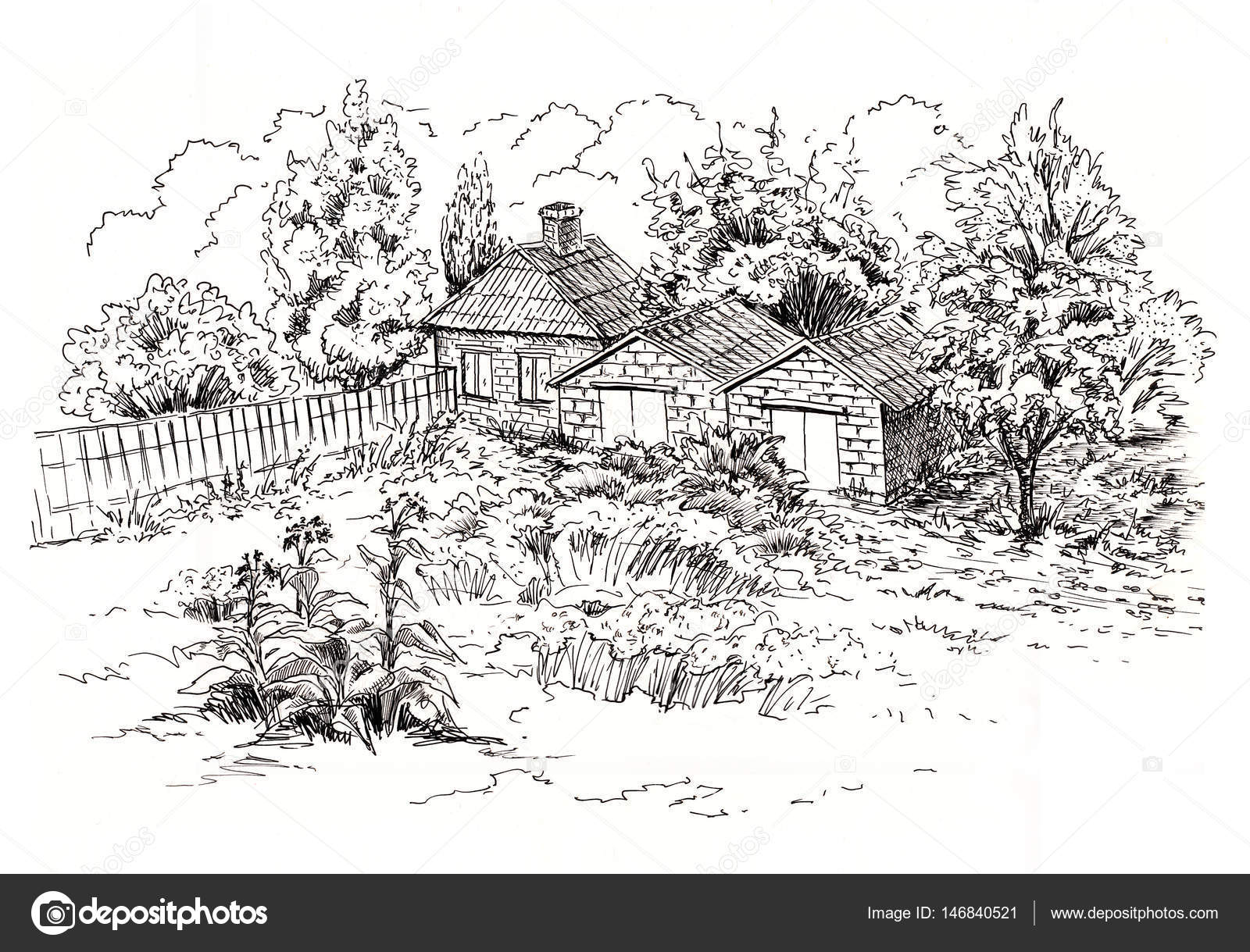 Sketch of rural landscape with old cottage, barn, garage and garden ...