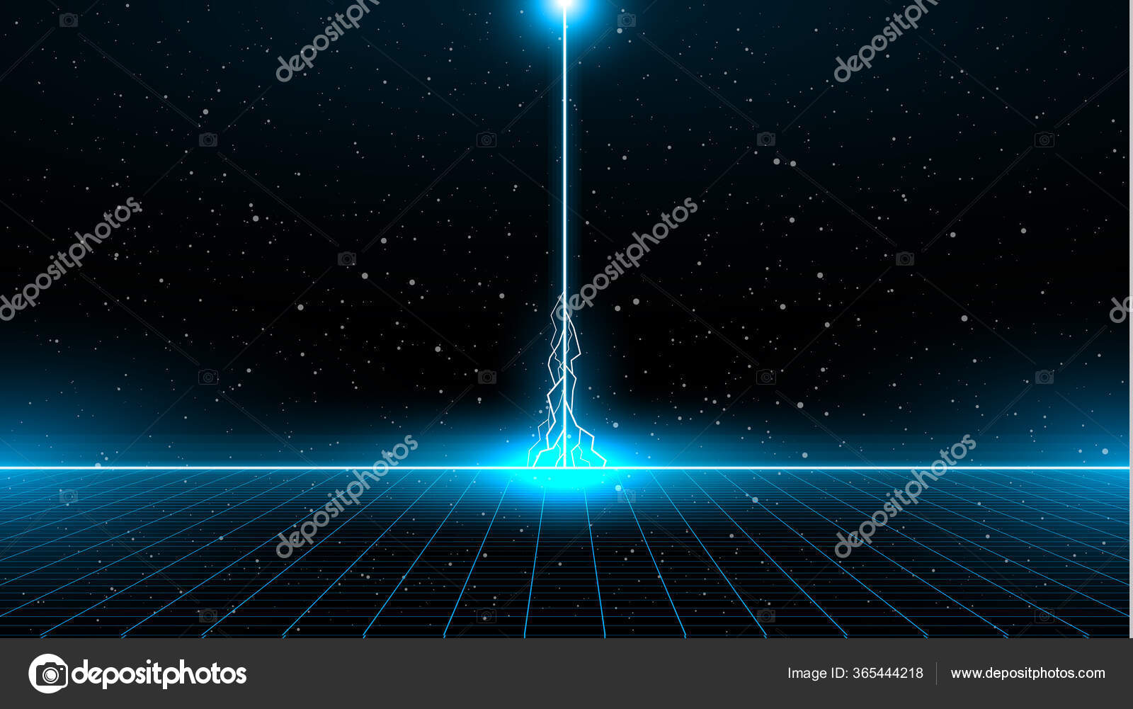 Retrowave sci-fi bright blue laser perspective grid with lightning ...