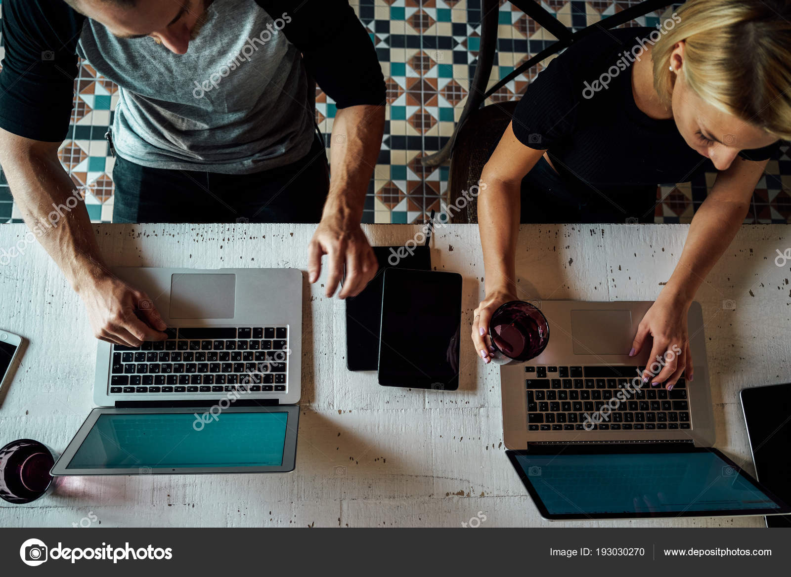 Top View People Working Laptops Smartphones Tablets Blank Empty Screens ...