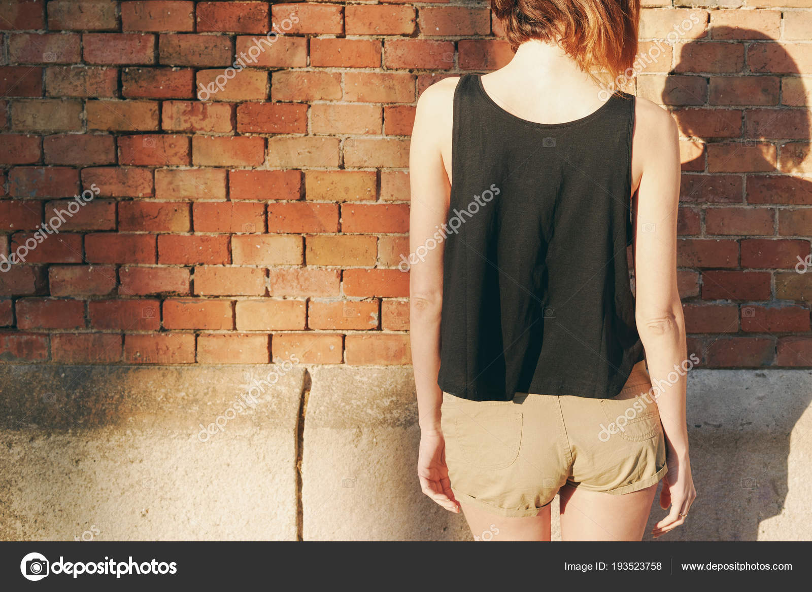Young Woman Wearing Black Blank Shirt Sleeves Posing Background Brick