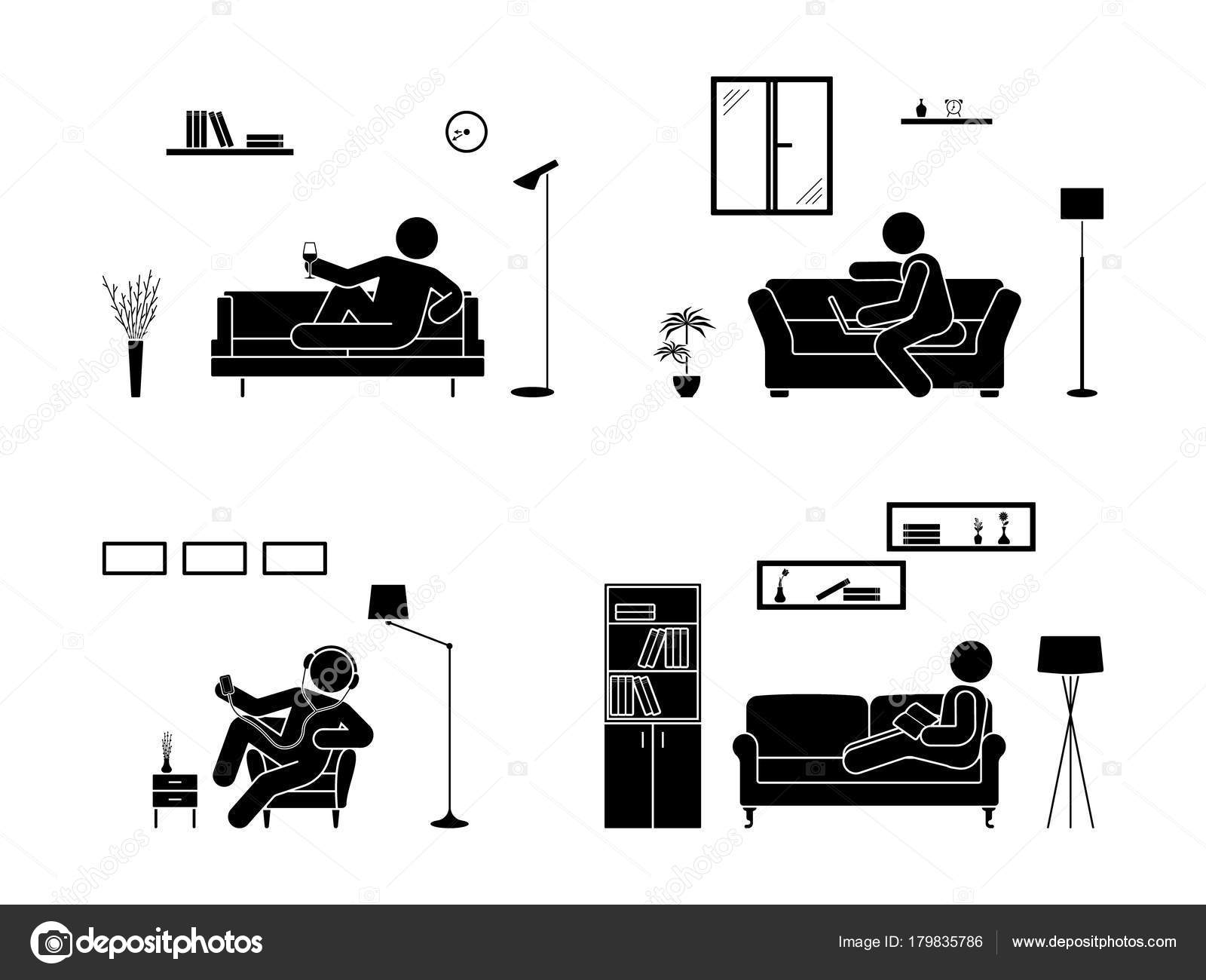 Stick Figure Resting Home Position Set Sitting Lying Reading Book Stock ...