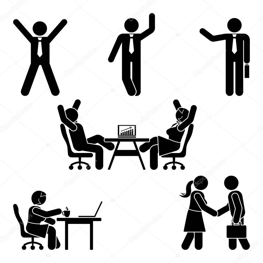 Stick Figure Office Poses Set Business Finance Workplace Support ...