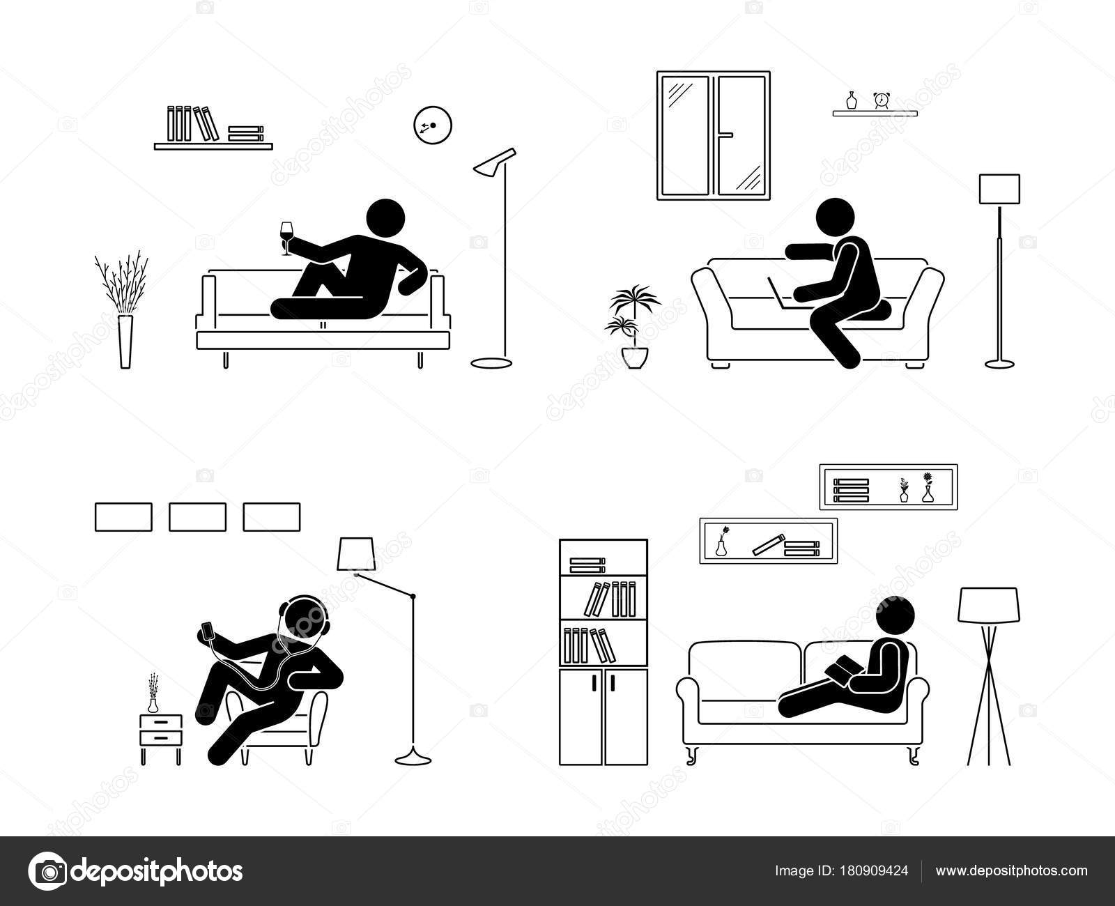 Stick Figure Resting Home Position Set Sitting Lying Reading Book ...