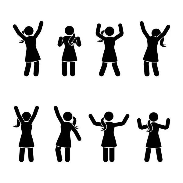 Happy Stick Figure Woman Dancing Hands Different Poses Vector Icon ...