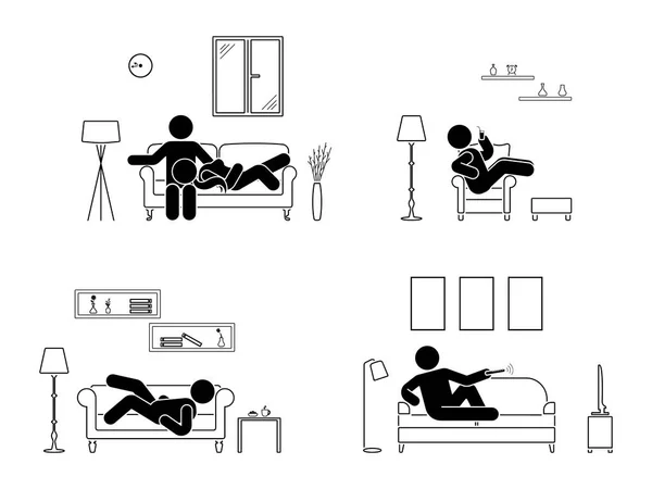 Stick Figure Resting Home Position Set Sitting Lying Watching Sleeping ...