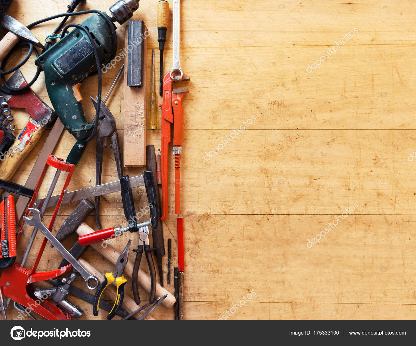 Various Tools Wooden Table Background Stock Photo by ©TijanaM 175333100