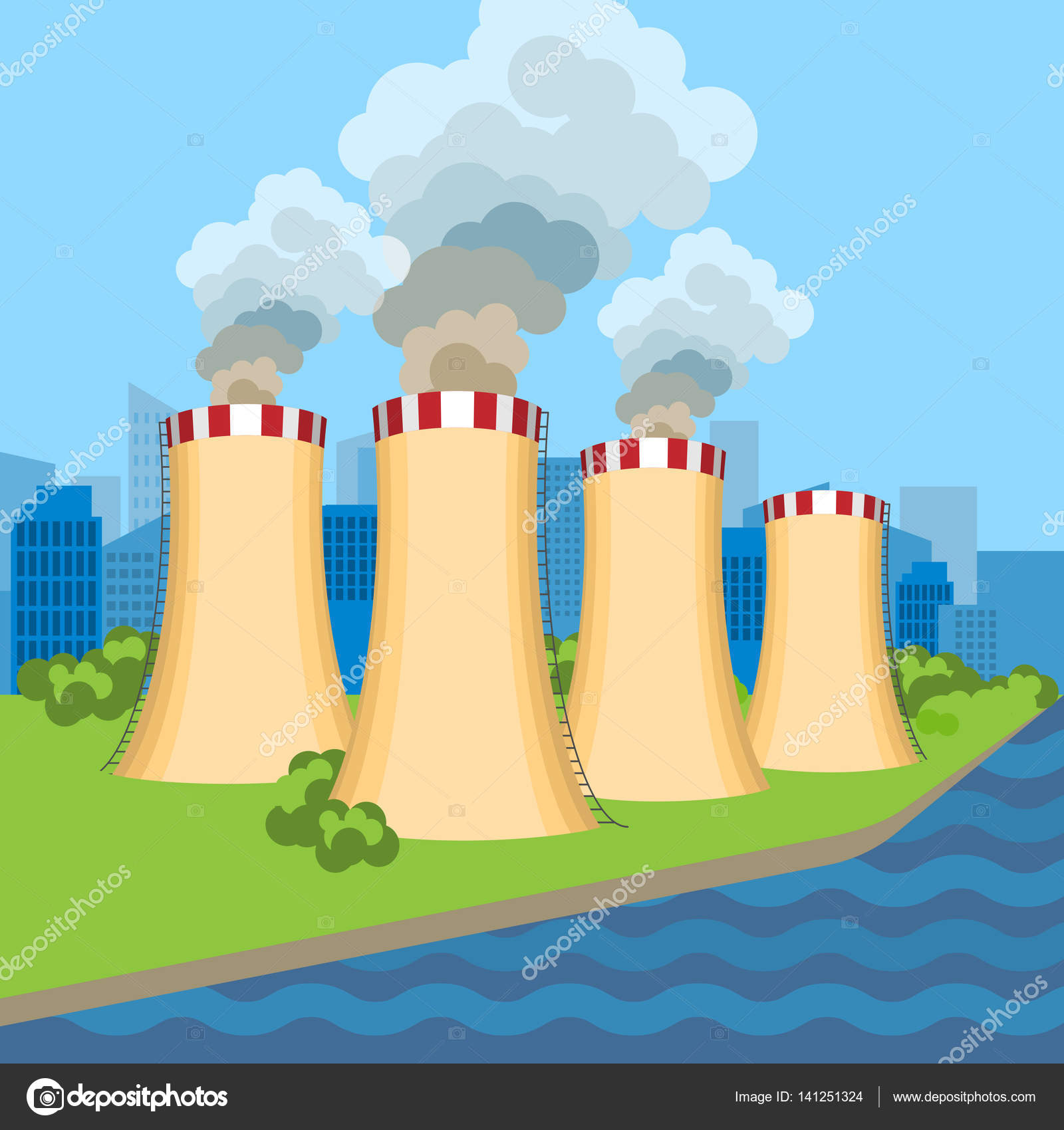 Working nuclear power plant near tower set along flowing river Stock ... Working nuclear power plant near tower set along flowing river Stock ...