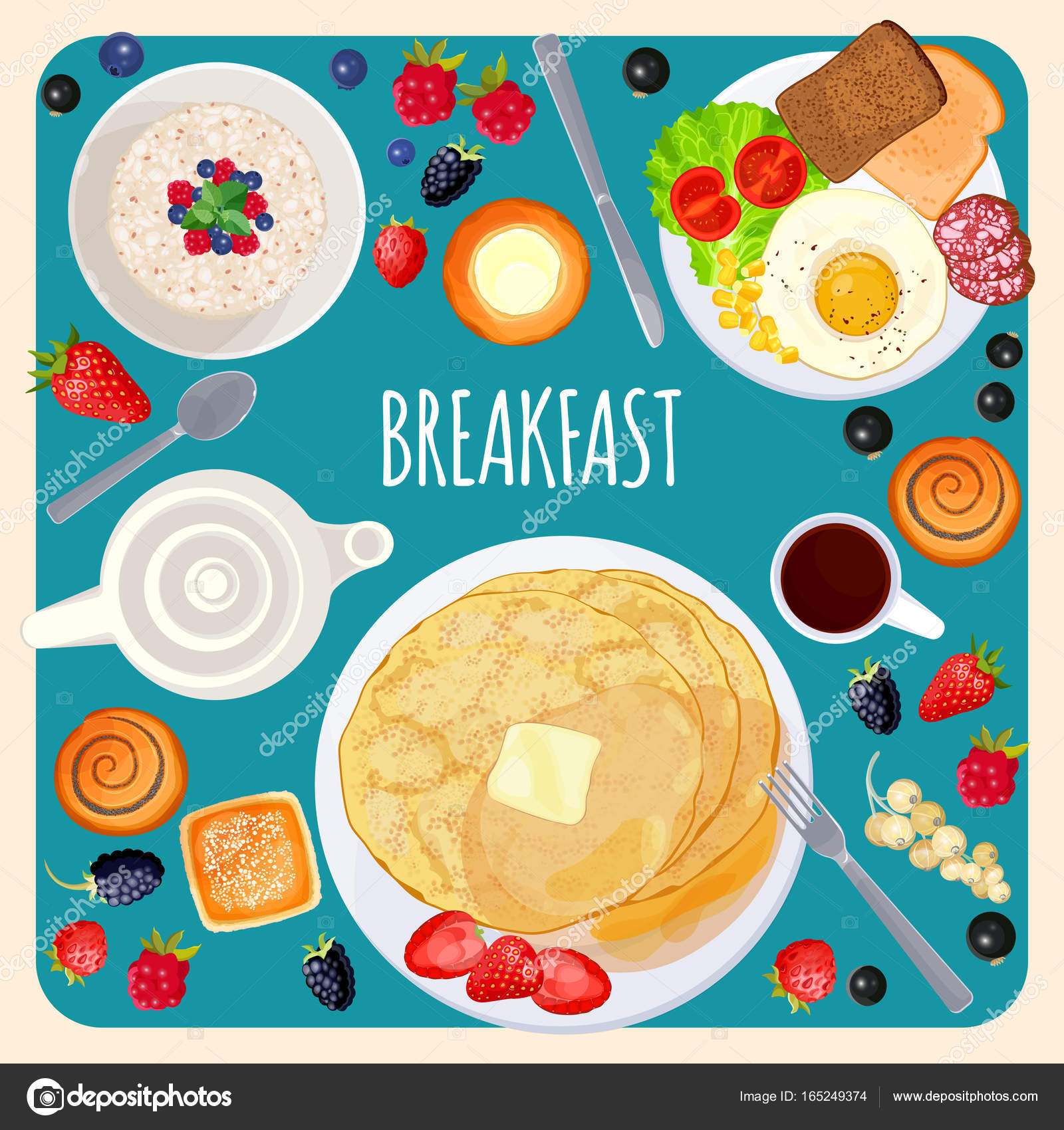 Breakfast food and drink top view isolated illustration Stock Vector by ...