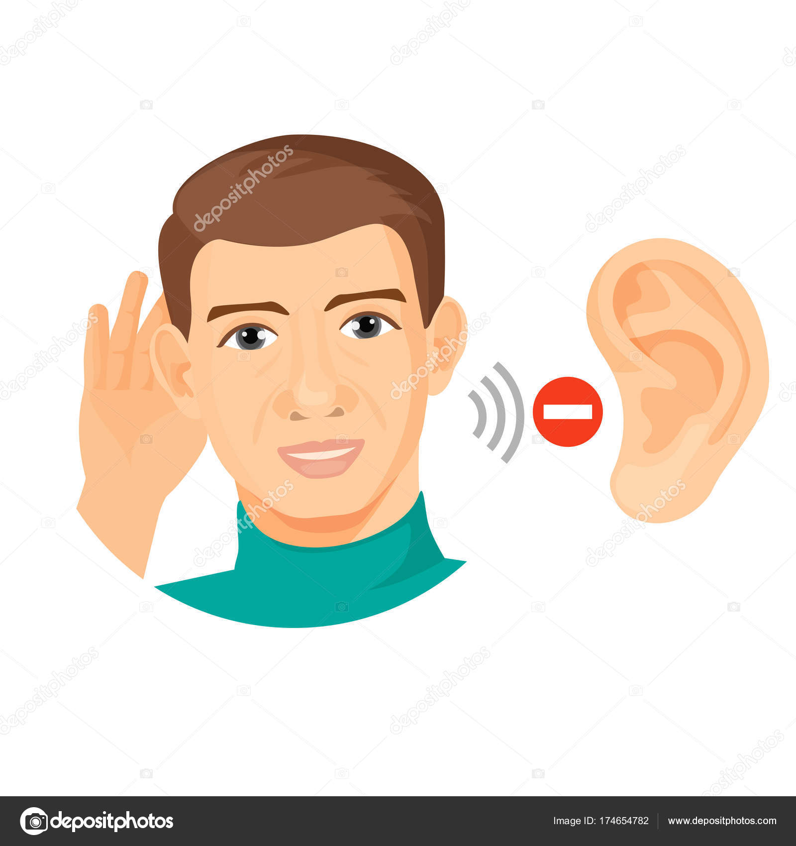 Caractère sourd masculin avec oreille gros plan et stop signe Vecteur ...