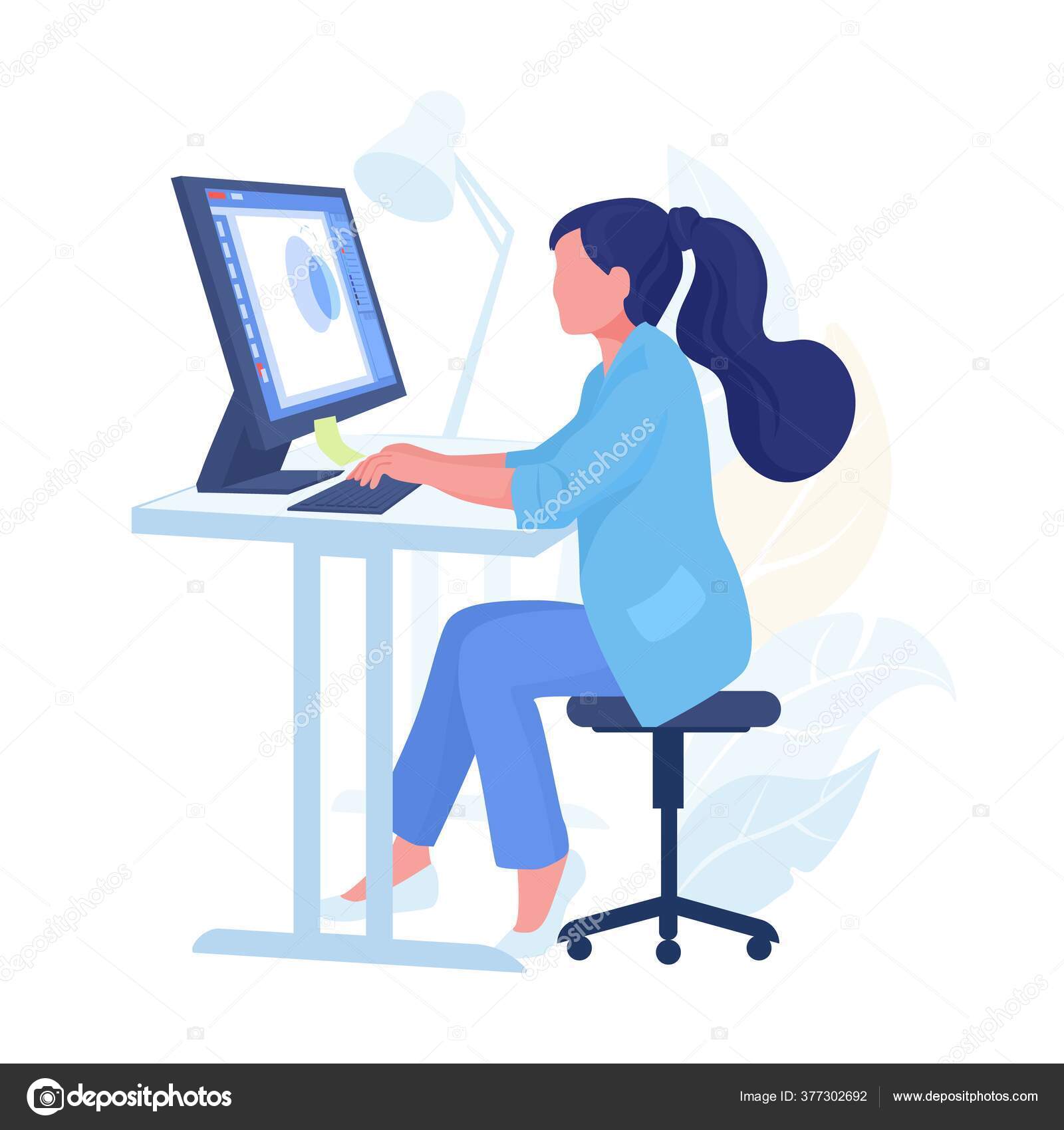 Person working from home. Cartoon character with computer. Vector Stock ...