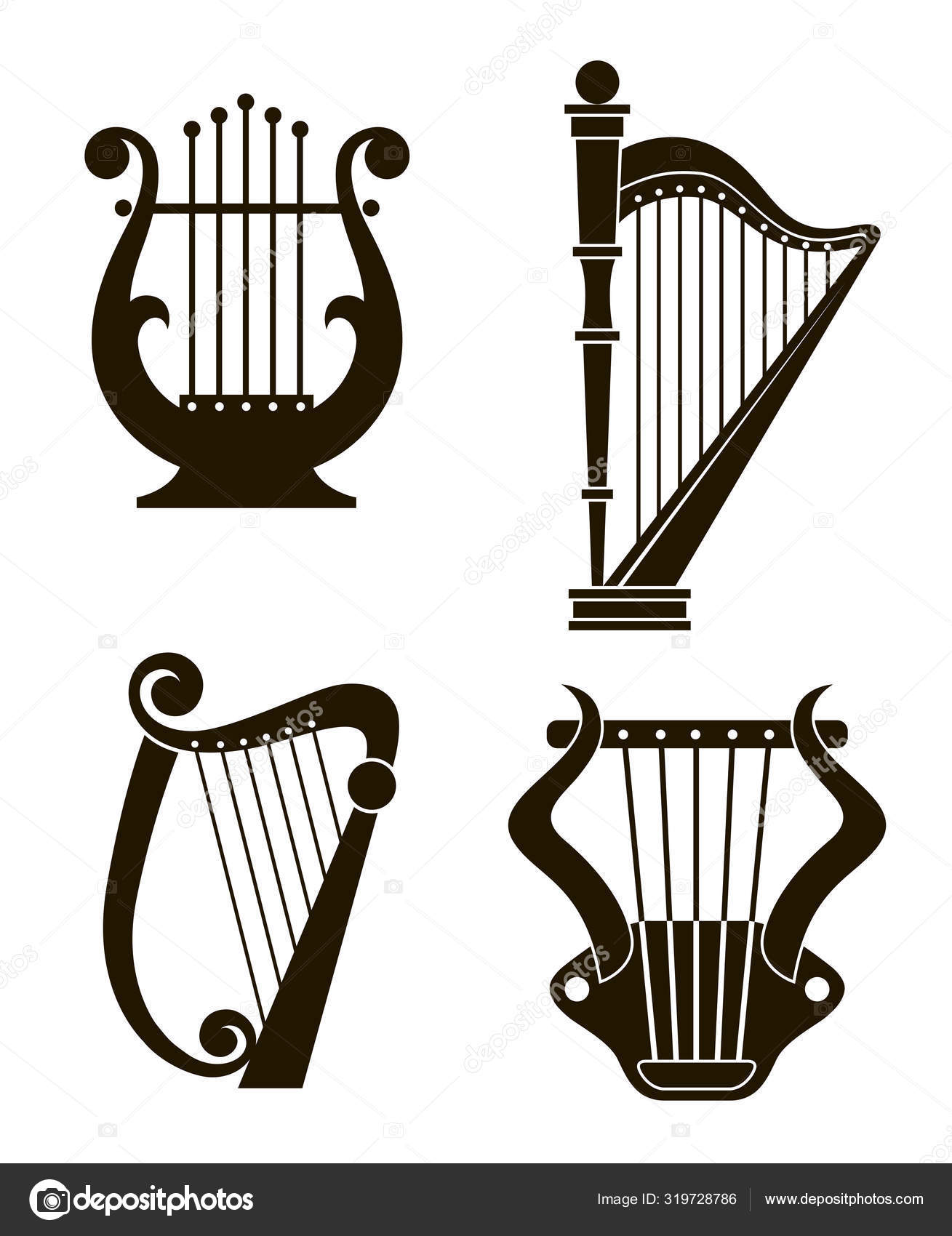 Ancient Harp Lyre Icons Collection Isolated White Background Stock ...