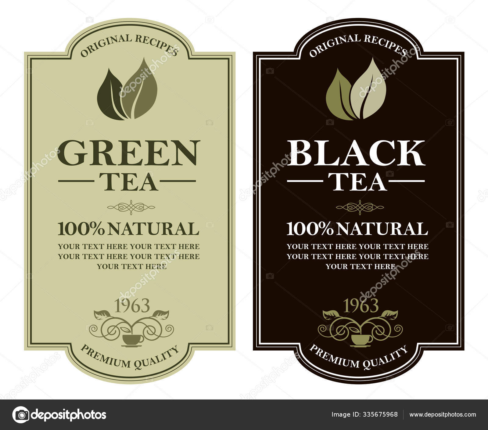 Collection Green Black Tea Labels Leaves Cup Stock Vector Image by ...