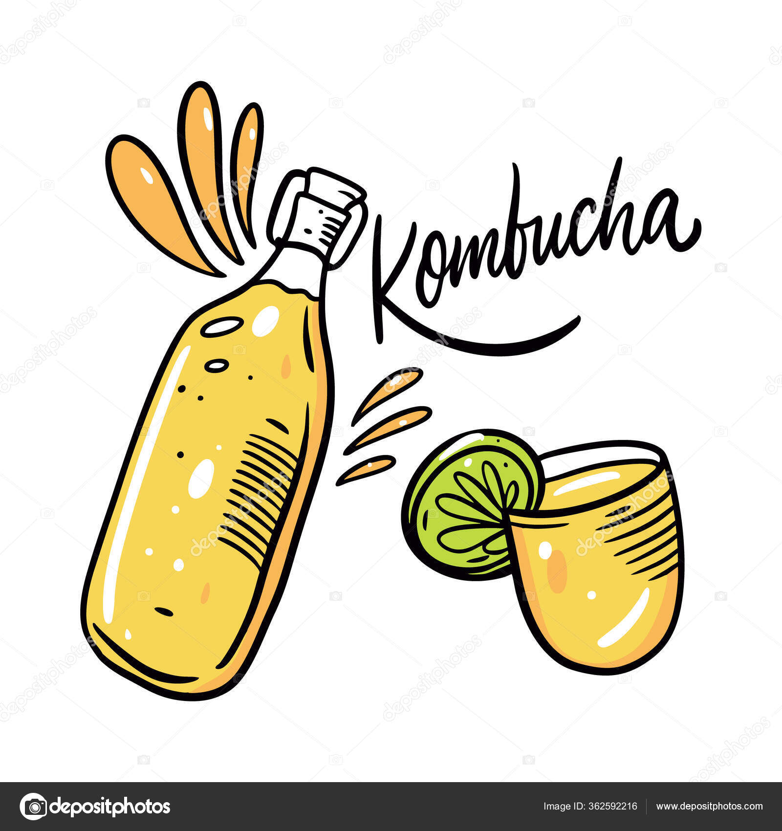 Kombucha Tea Bottle Glass Flat Style Colorful Cartoon Vector ...