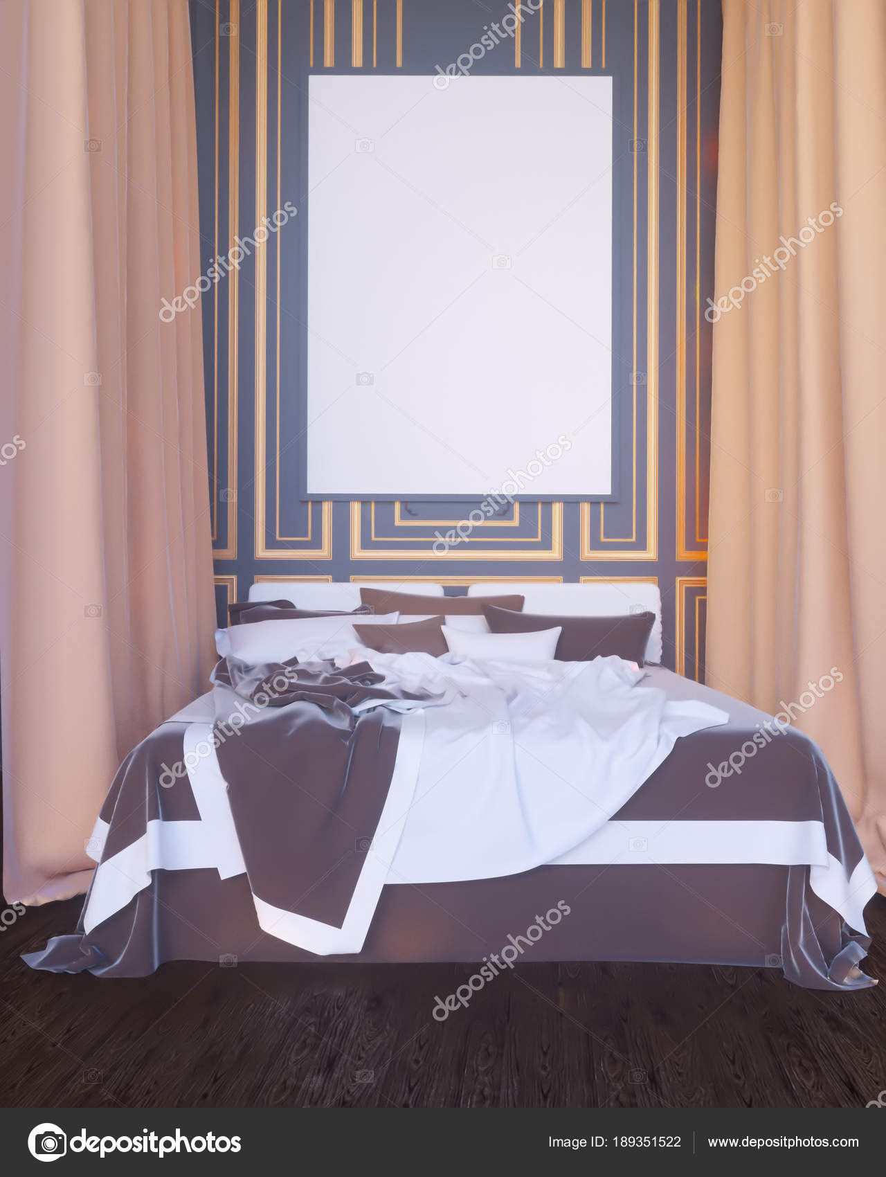 Poster over bed in bedroom, interior, background, 3D rendering, 3D ...