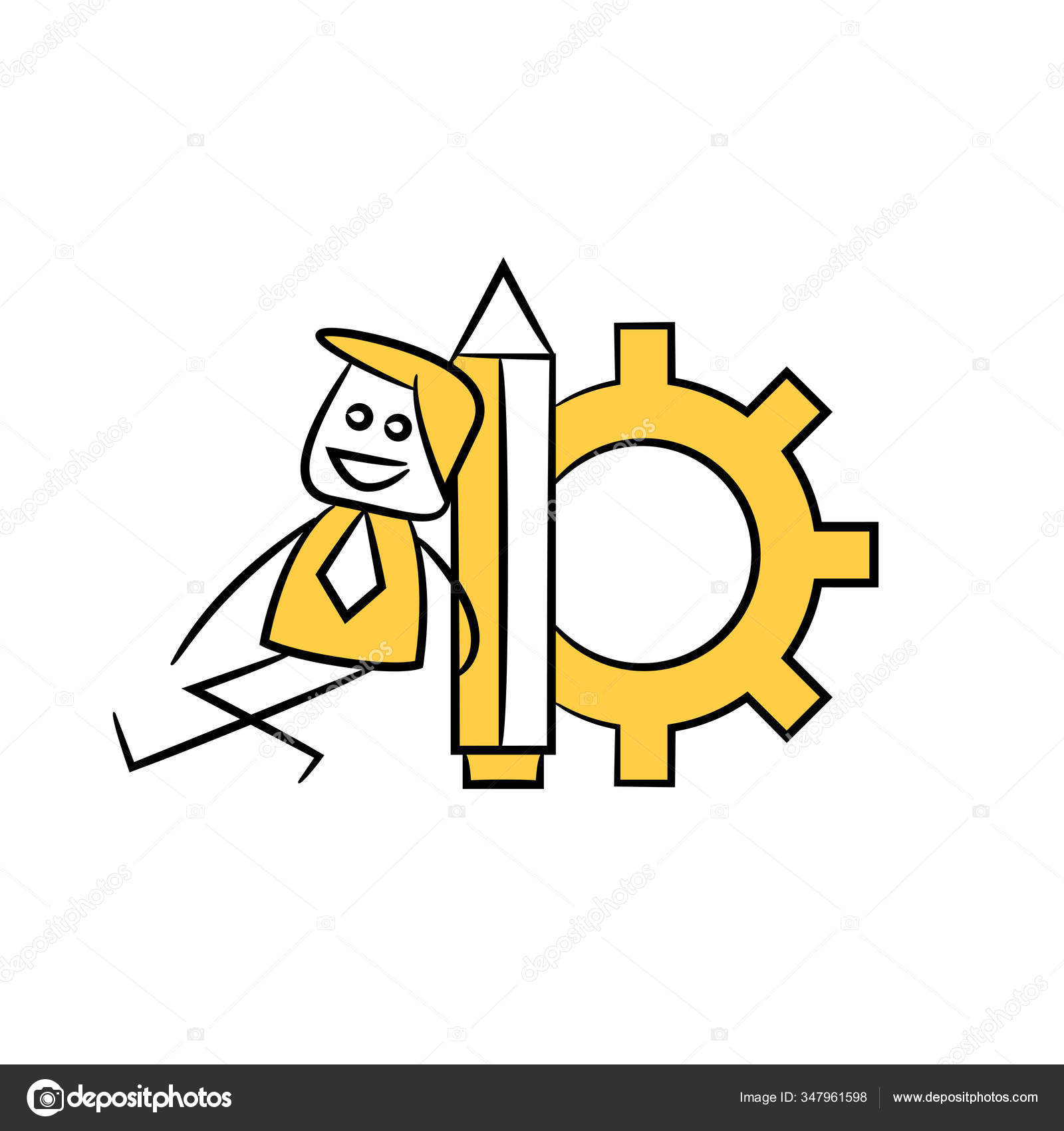 Architect Businessman Sitting Next Pencil Gear Yellow Stick Figure ...