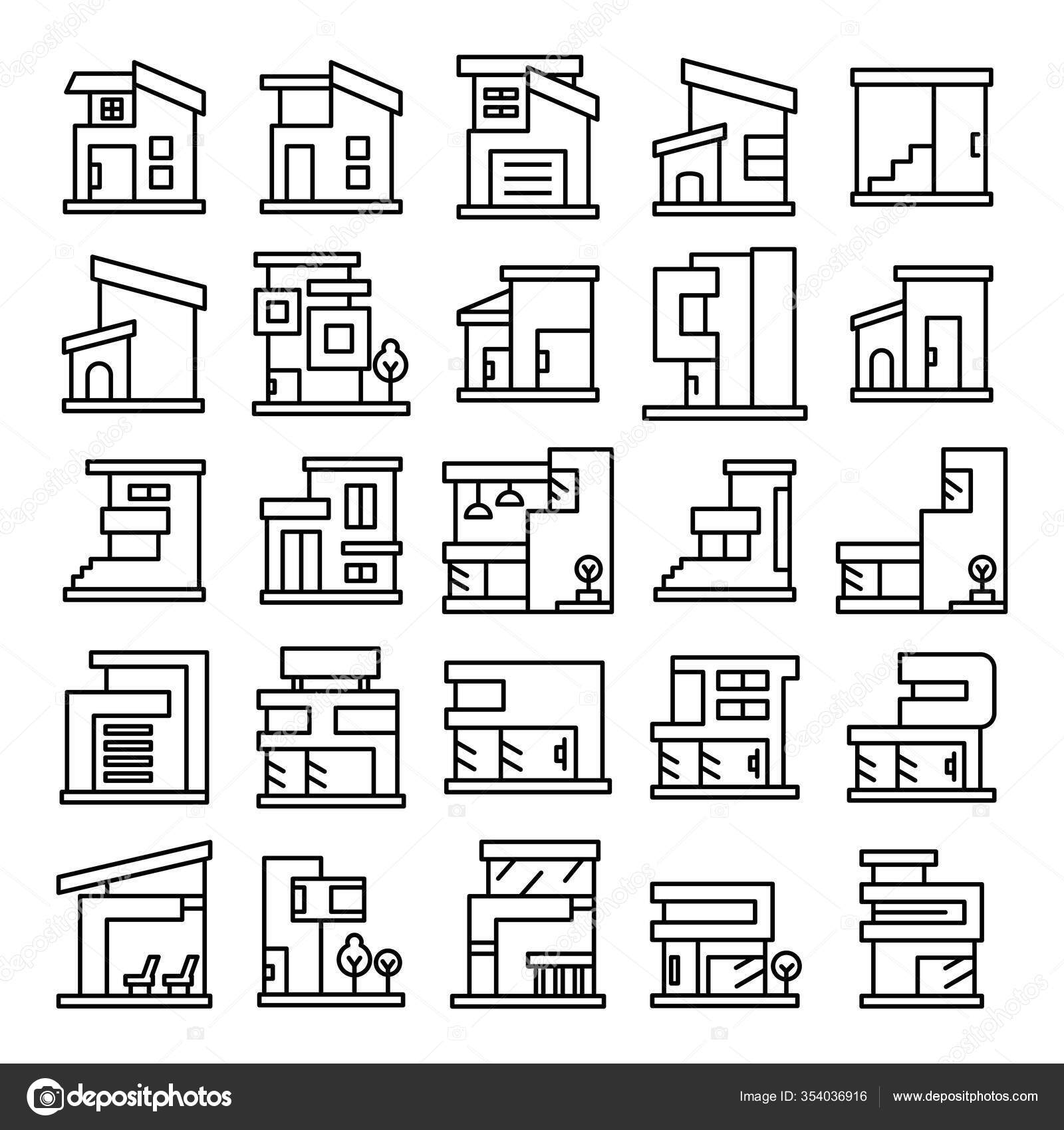 Modern Building House Modern Architecture Design Line Icons Stock ...