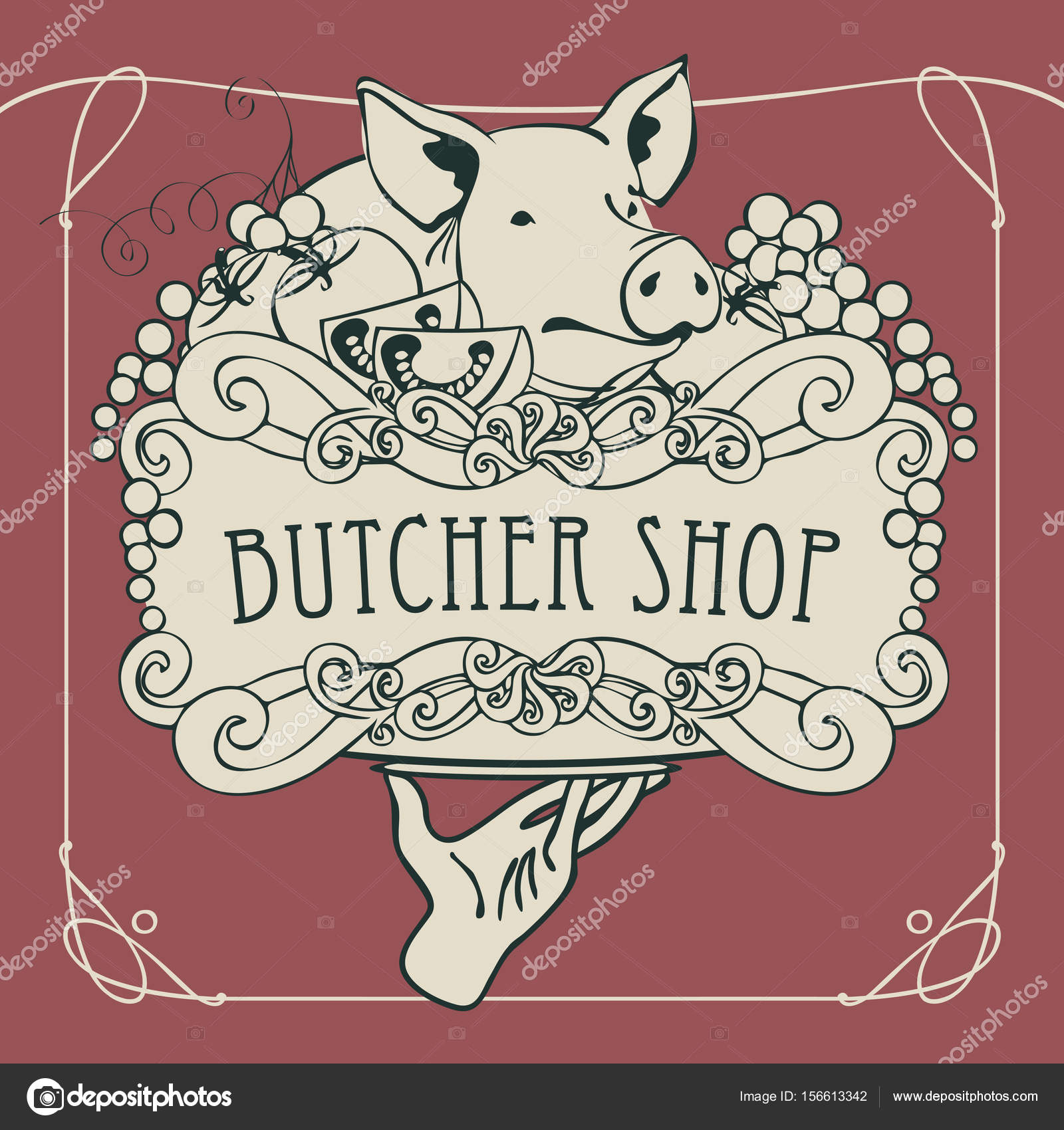 Cartel de la carnicería con un lechón en bandeja Vector de stock por ...