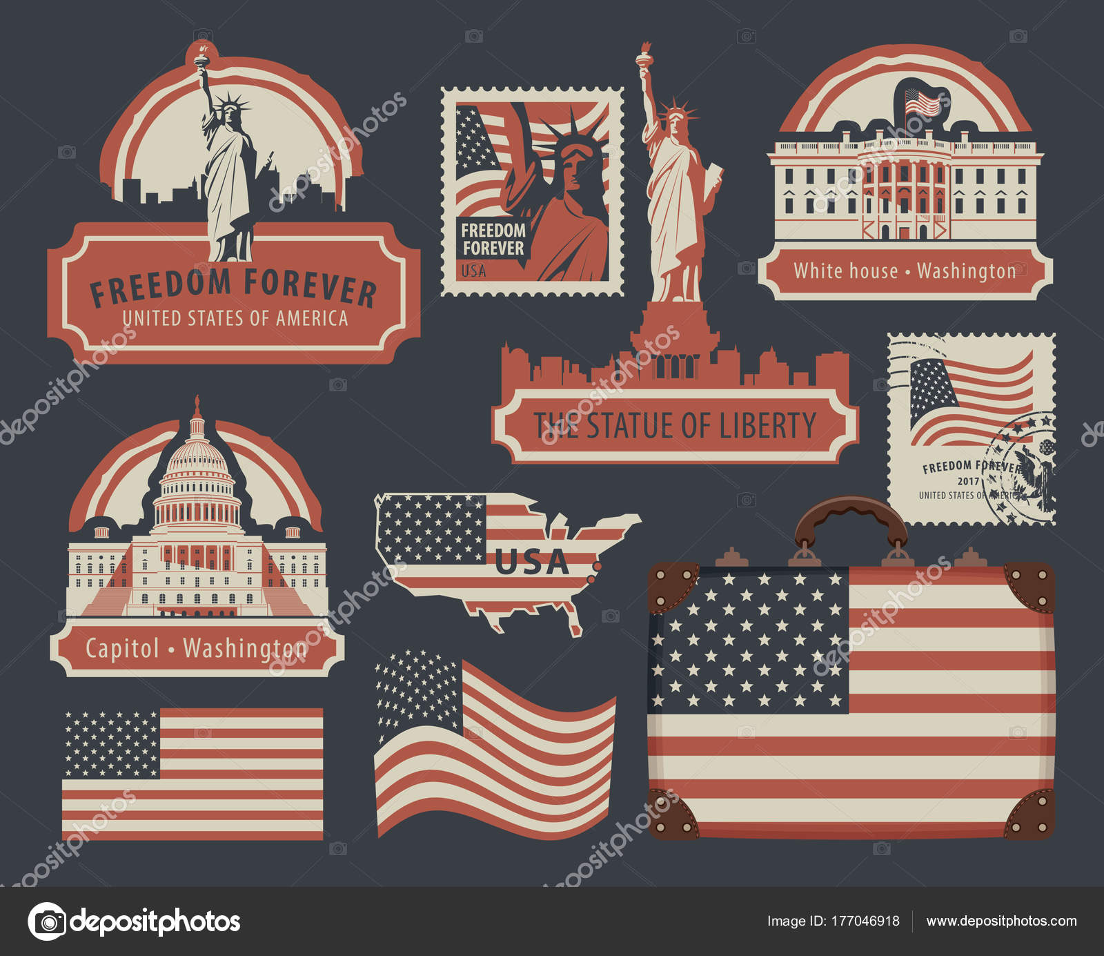 Conjunto de símbolos y puntos de referencia americanos con bandera ...