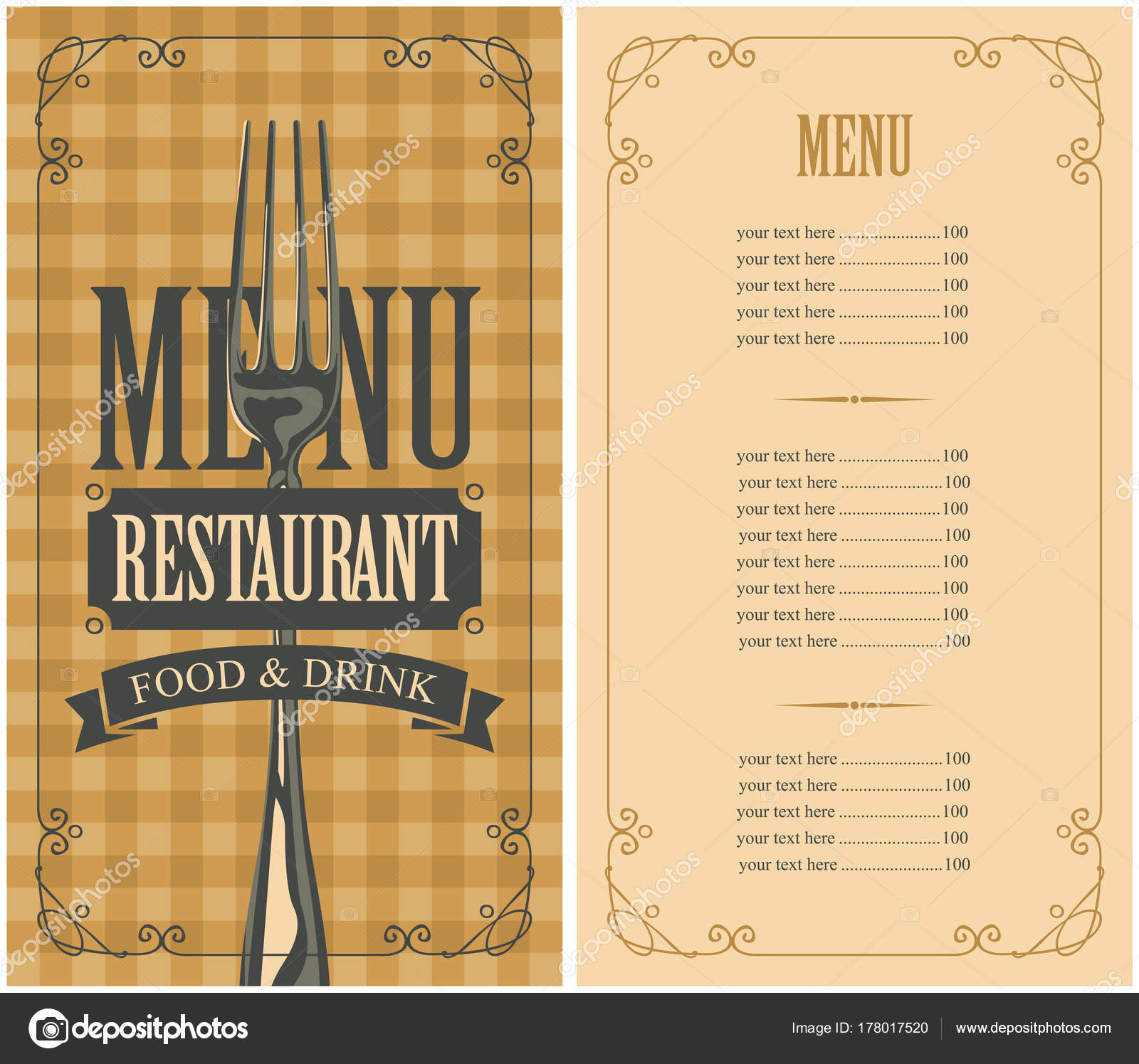 Menú a cuadros para restaurante con precio y tenedor Vector de stock ...