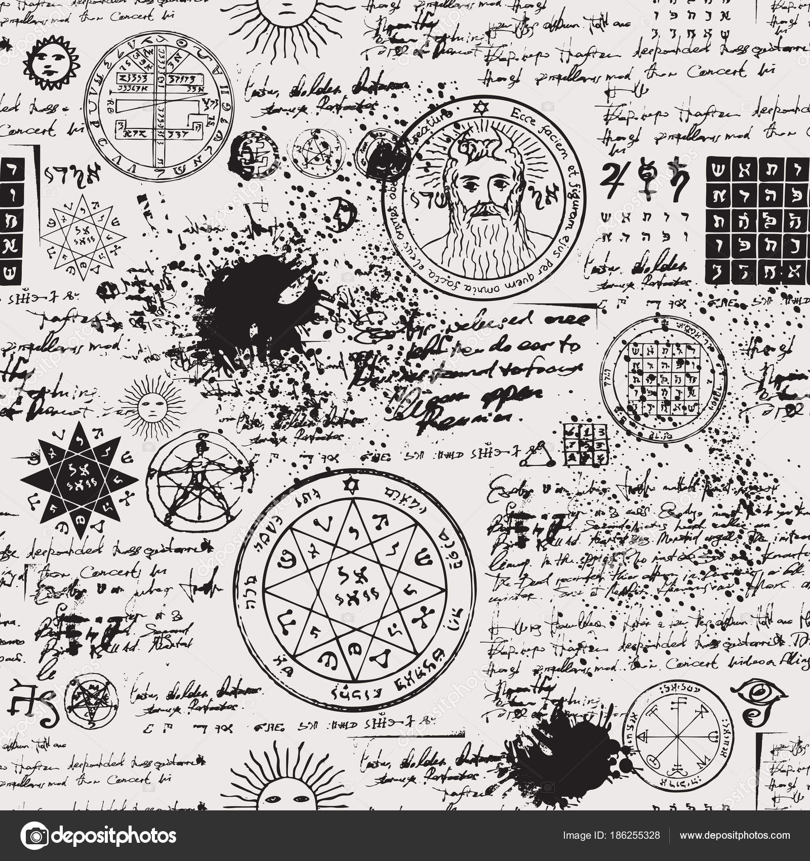 Seamless pattern, manuscript with occult symbols Stock Vector Image by ...