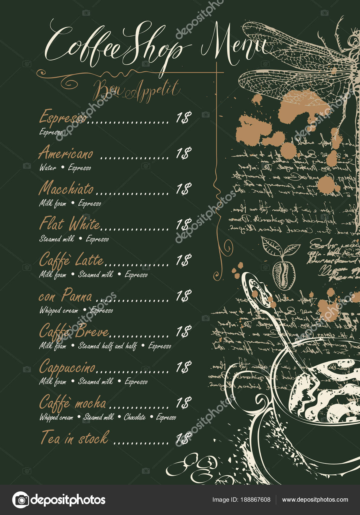 Menú cafetería con lista de precios y fotos Vector de stock por ...