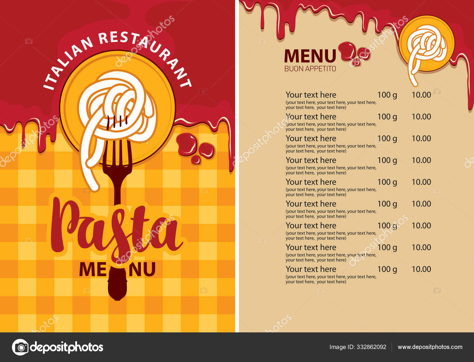 Pasta menu for italian restaurant with pasta on a fork Stock Vector ...