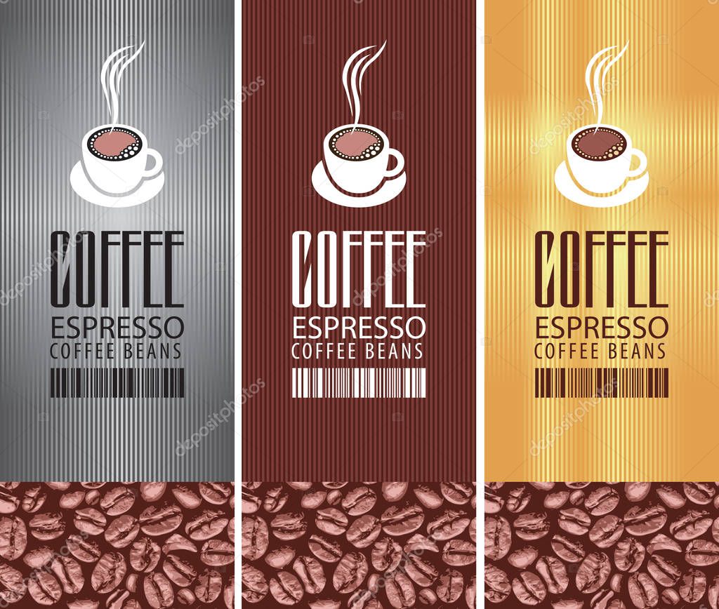 etiquetas de café con taza, código de barras y granos de café 2024