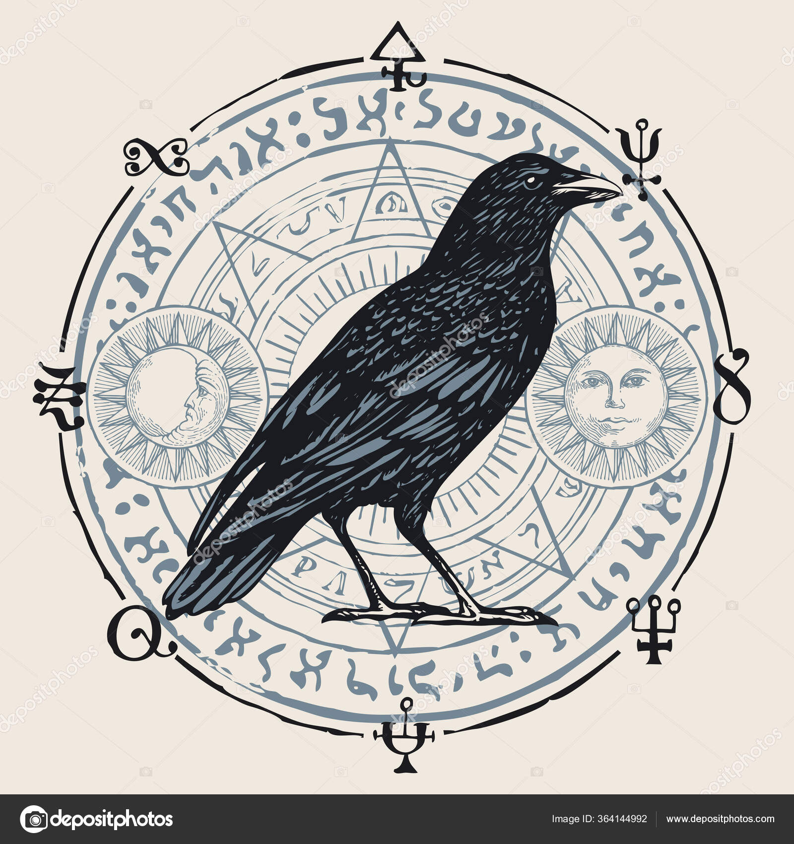Vector Illustration Sorcery Raven Background Octagonal Star Magic Runes ...