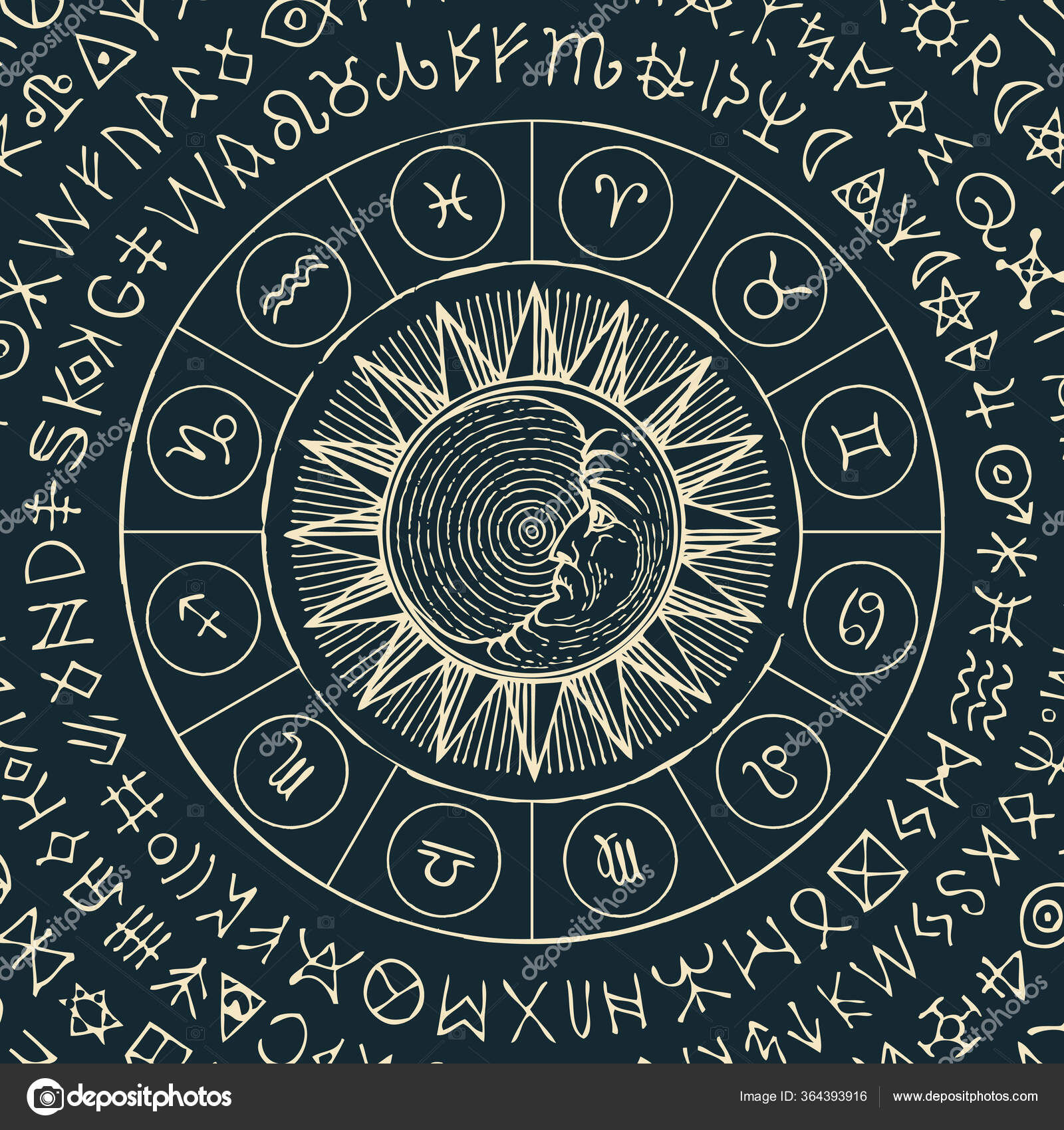 Vector Illustration Zodiac Signs Retro Style Moon Sun Magic Runes Stock ...