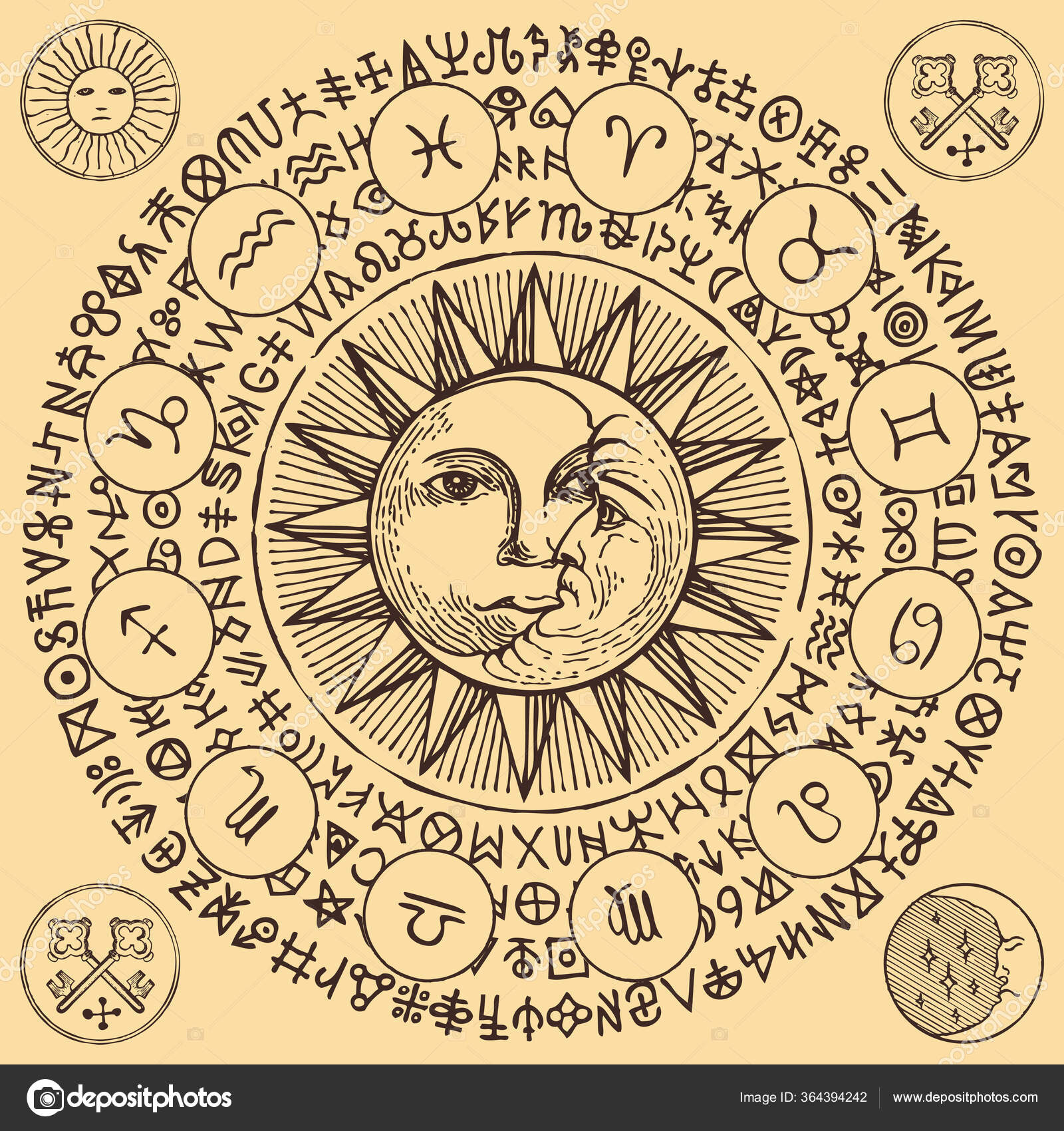 Vector Banner Zodiac Signs Moon Sun Magic Runes Written Circle Stock ...