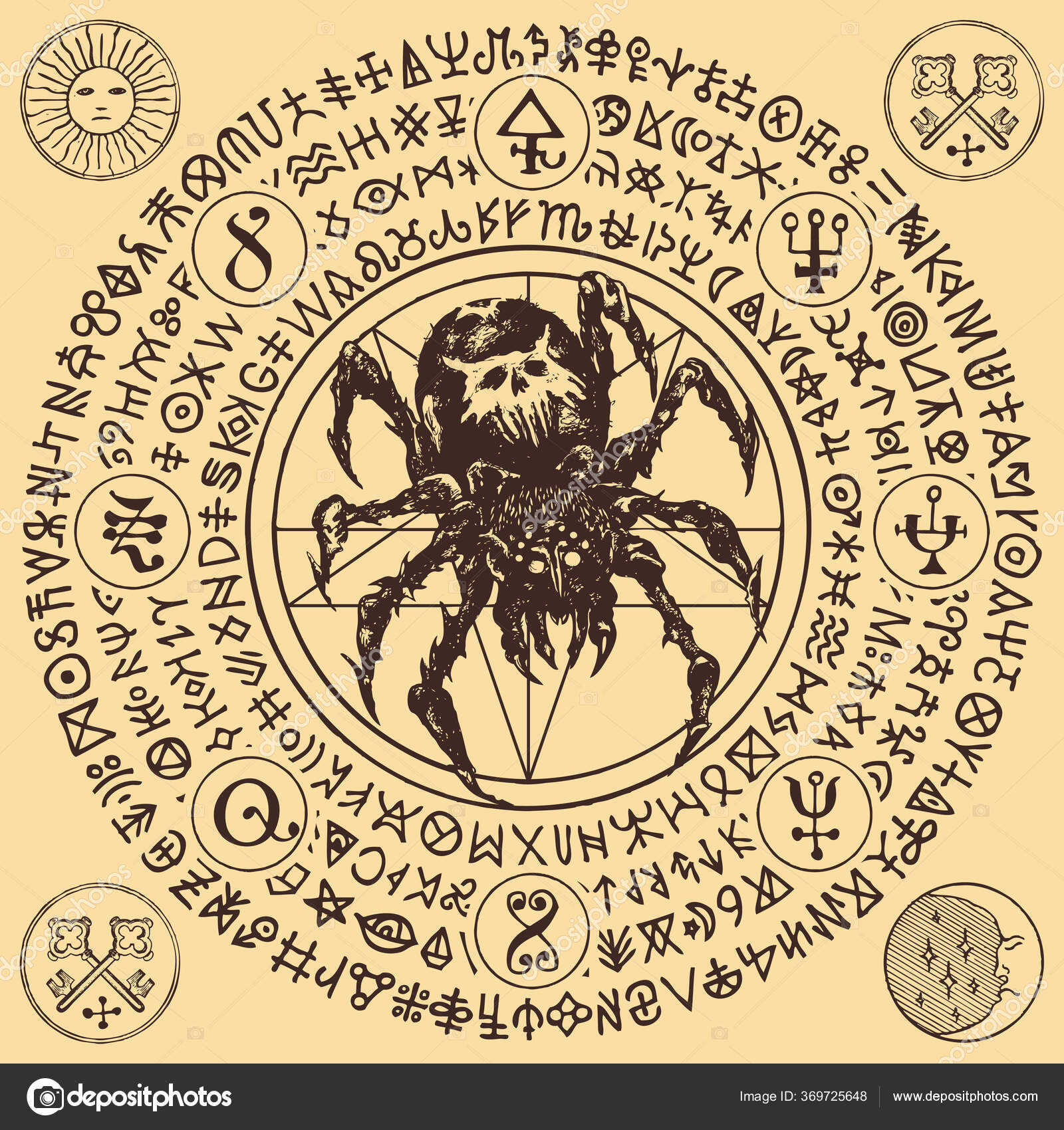 Decorative Illustration Big Black Spider Background Unreadable Abstract ...