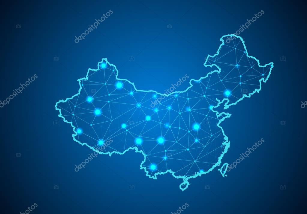 Línea de puré abstracta y escalas de puntos sobre fondo oscuro con mapa ...