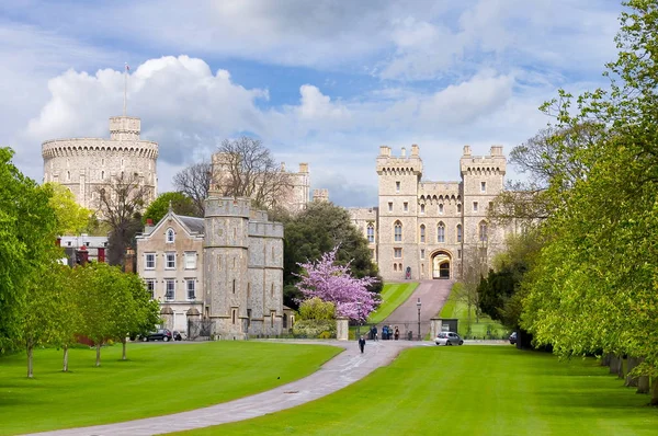 Windsor Castle viewed along Long Walk in Windsor Great Park in E ...