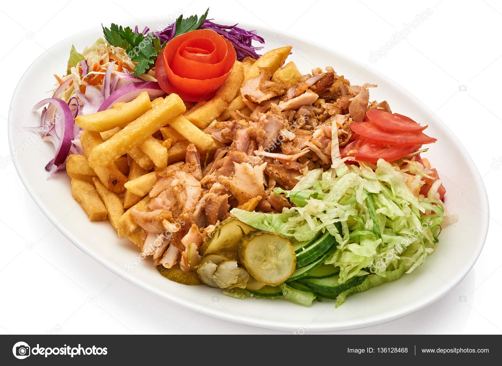Doner kebab on a plate with french fries and salad — Stock Photo ...