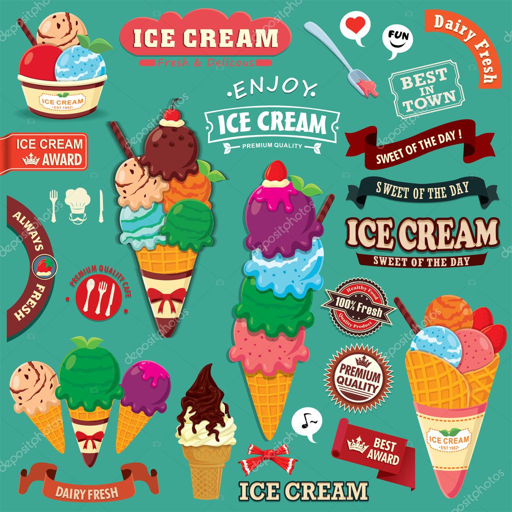 Vintage Ice Cream poster design set with ice cream character. — Stock ...