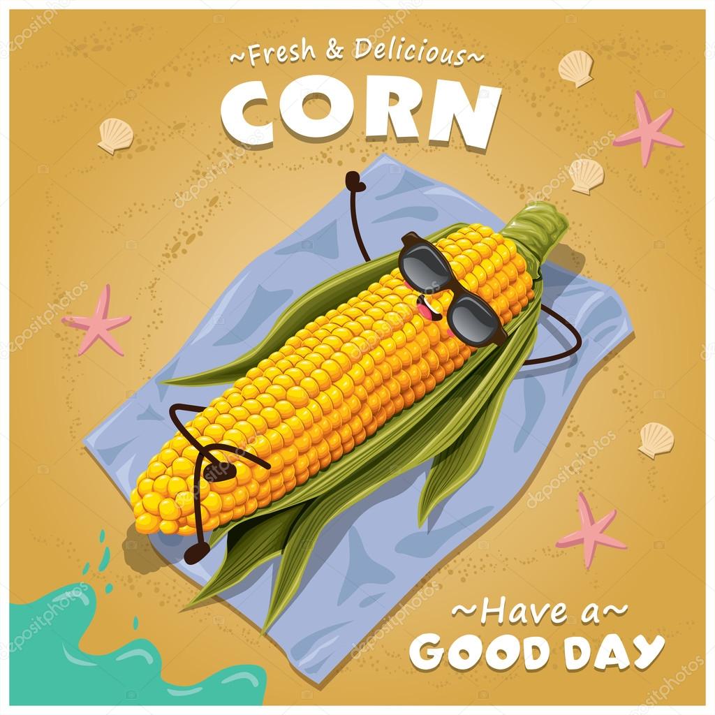 Vintage corn poster design with vector corn character. Stock Vector ...