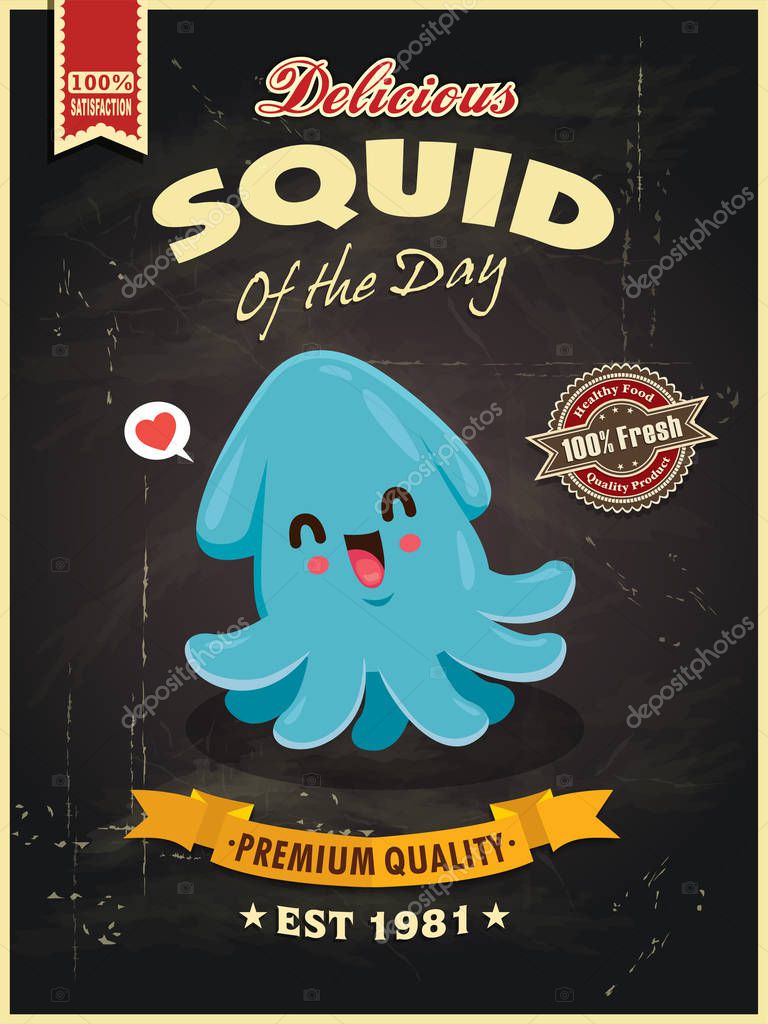 Diseño de póster de comida japonesa vintage con caracteres de calamar ...