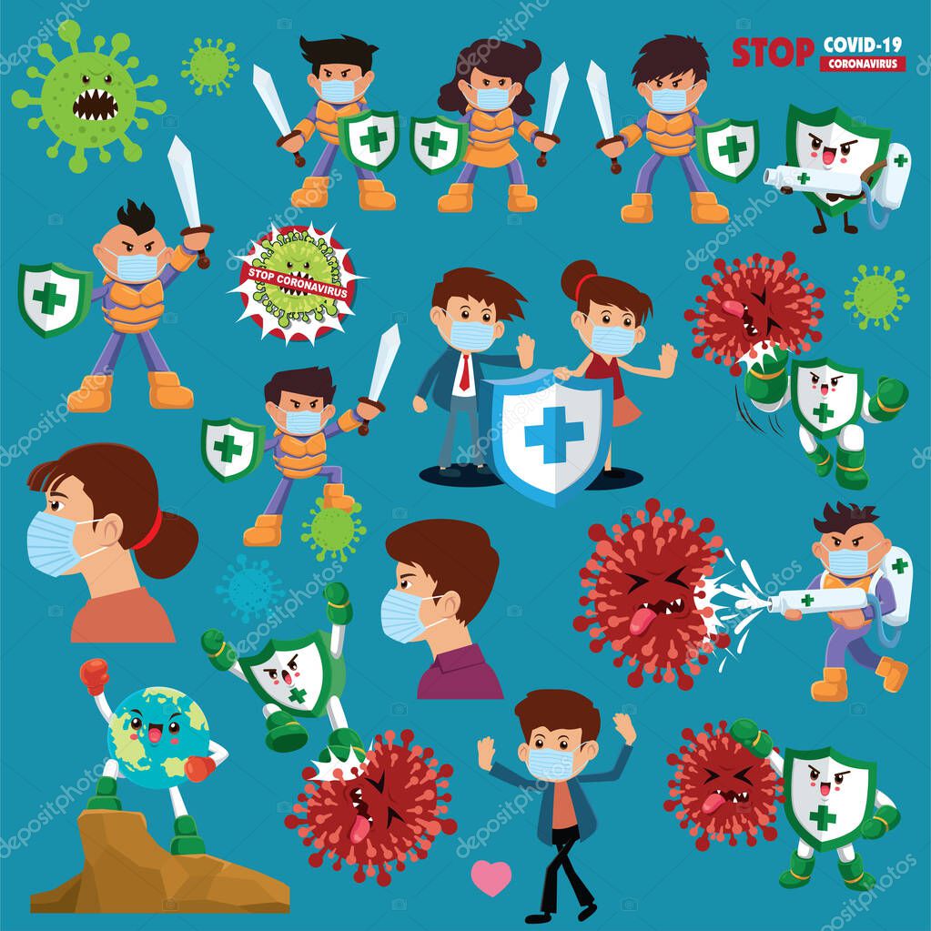 Vector personaje h roe de dibujos animados luchando con el virus. COVID ...