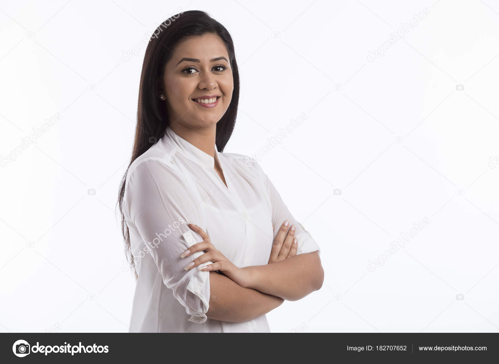 Portrait Smiling Woman Standing Arms Crossed — Stock Photo © meenakshi14 #182707652