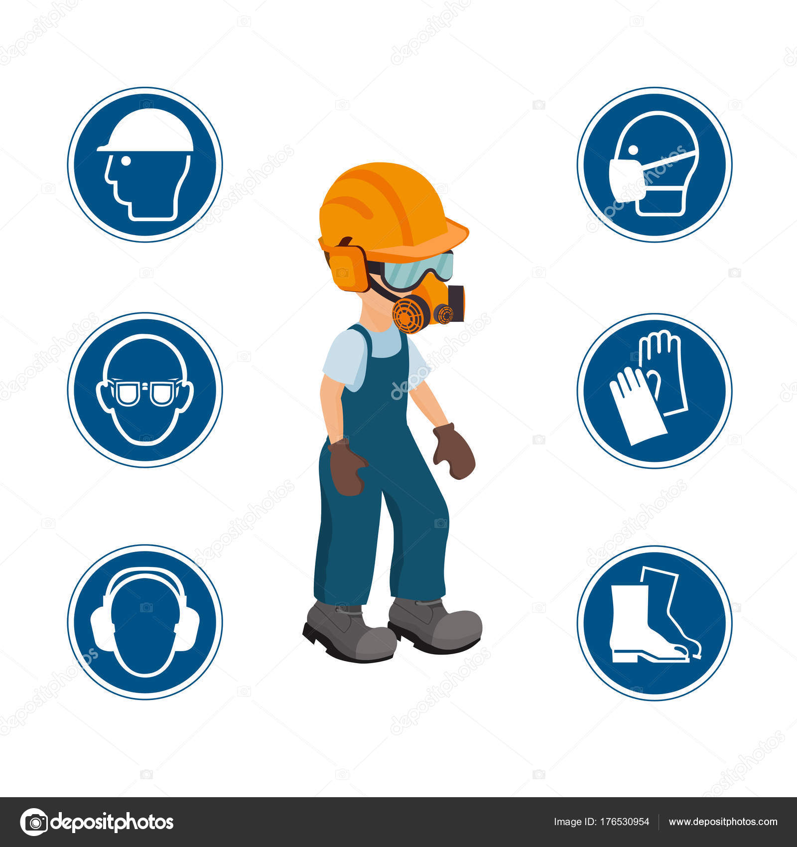 Trabajador Con Equipo Protección Personal Iconos Seguridad Ilustración ...