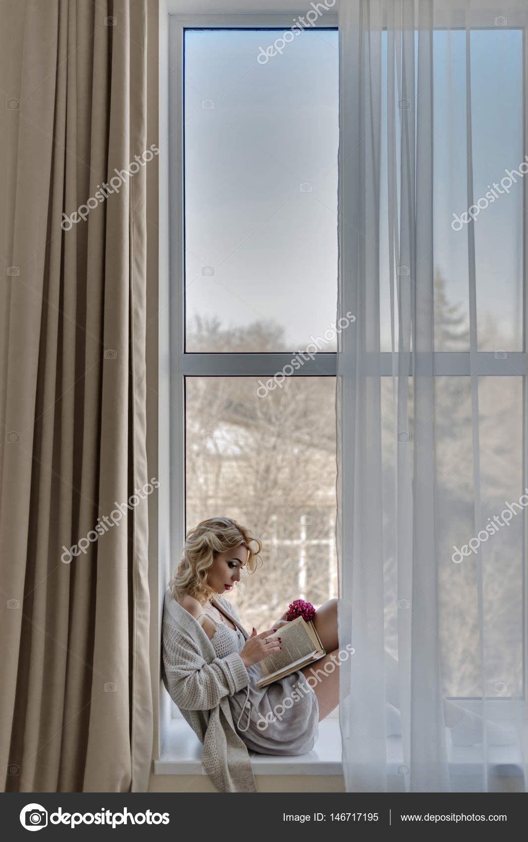 Girl sitting on a window sill reading a book Stock Photo by ©fly_wish ...