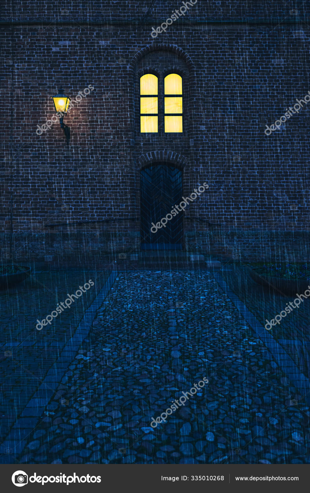 Old church with illuminated window and lantern at dusk. Stock Photo by ...