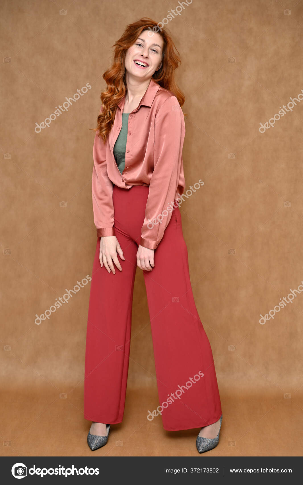 Full Length Vertical Portrait Young Caucasian Red Haired Woman Beige Stock Photo by ©govorkov ...